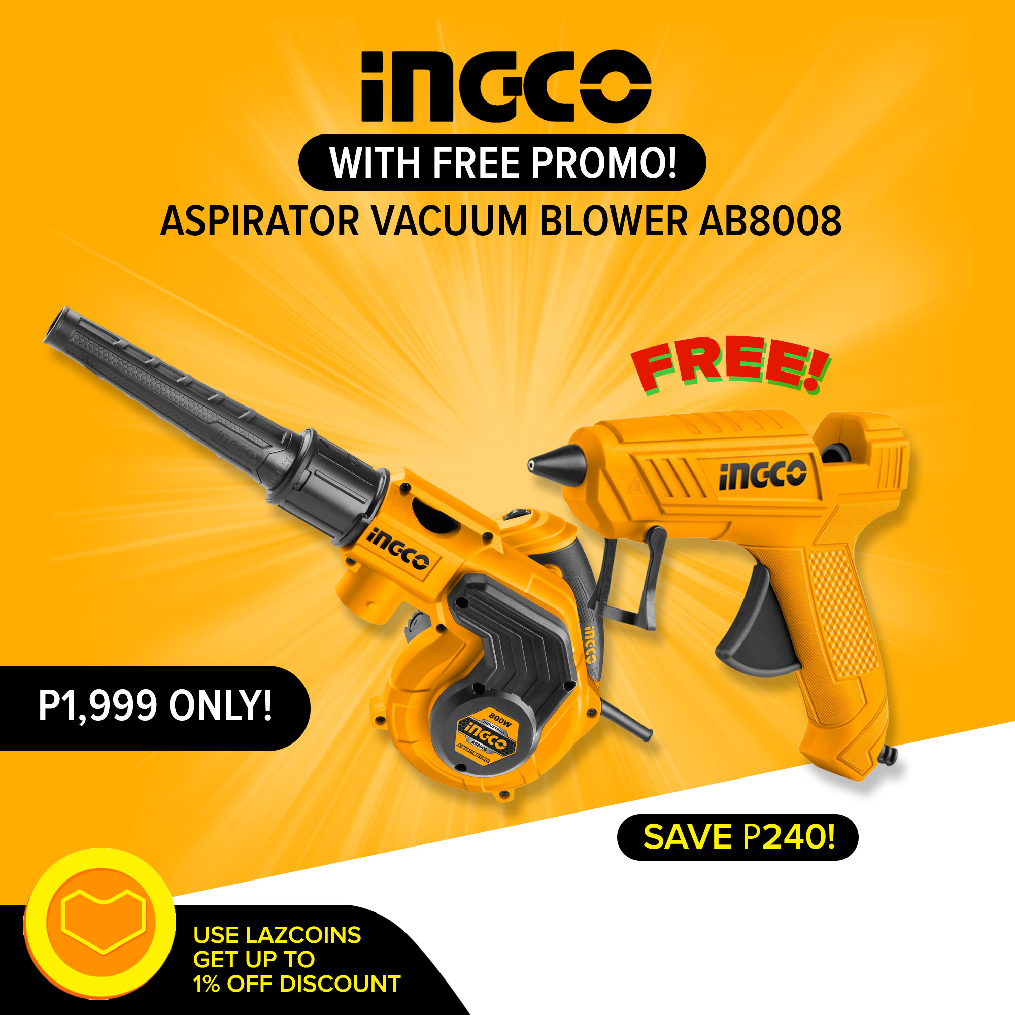 Ingco AB8008 Electric Aspirator Vacuum Blower 800W with Variable Speed ...