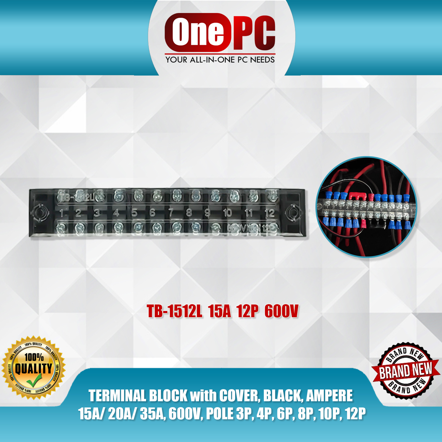 TERMINAL BLOCK with COVER, BLACK, AMPERE 15A/ 20A/ 35A, 600V, POLE 3P, 4P, 6P, 8P, 10P, 12P ...