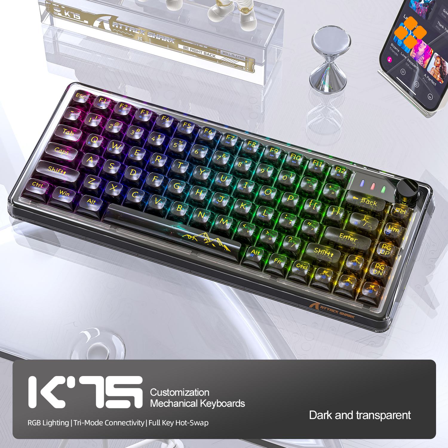 AttackShark K75 Transparen Mechanical Keyboard Hot-Swap Wireless Gaming ...
