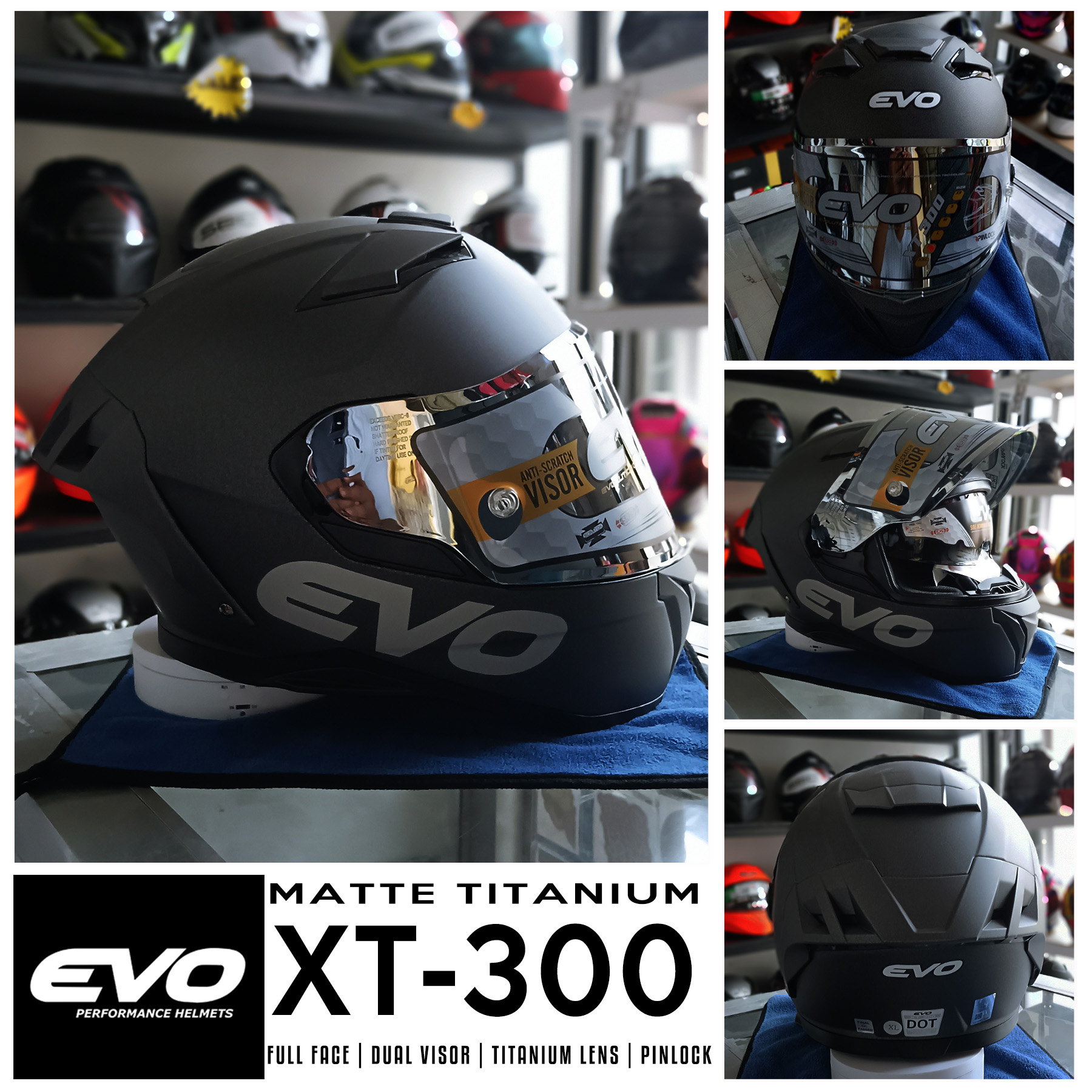 EVO XT 300 Fullface Dual Visor Helmet Matte Titanium with Free Extra ...
