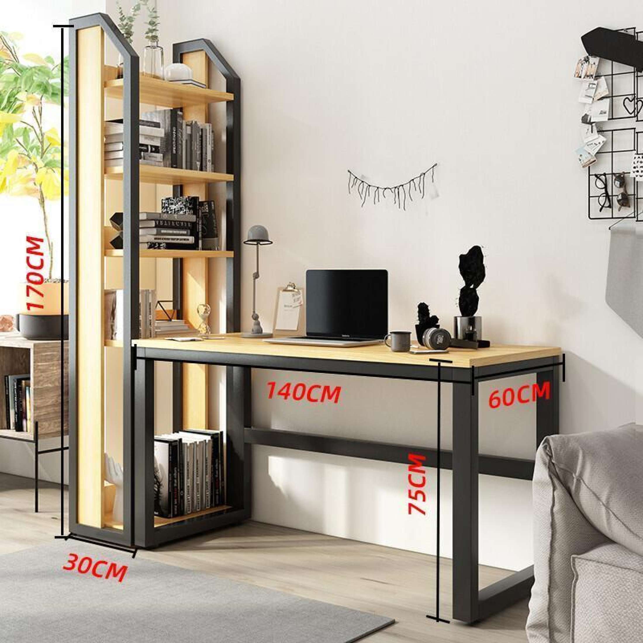 Study Desk Table with 5 Tier Bookshelves Modern Minimalist Computer ...