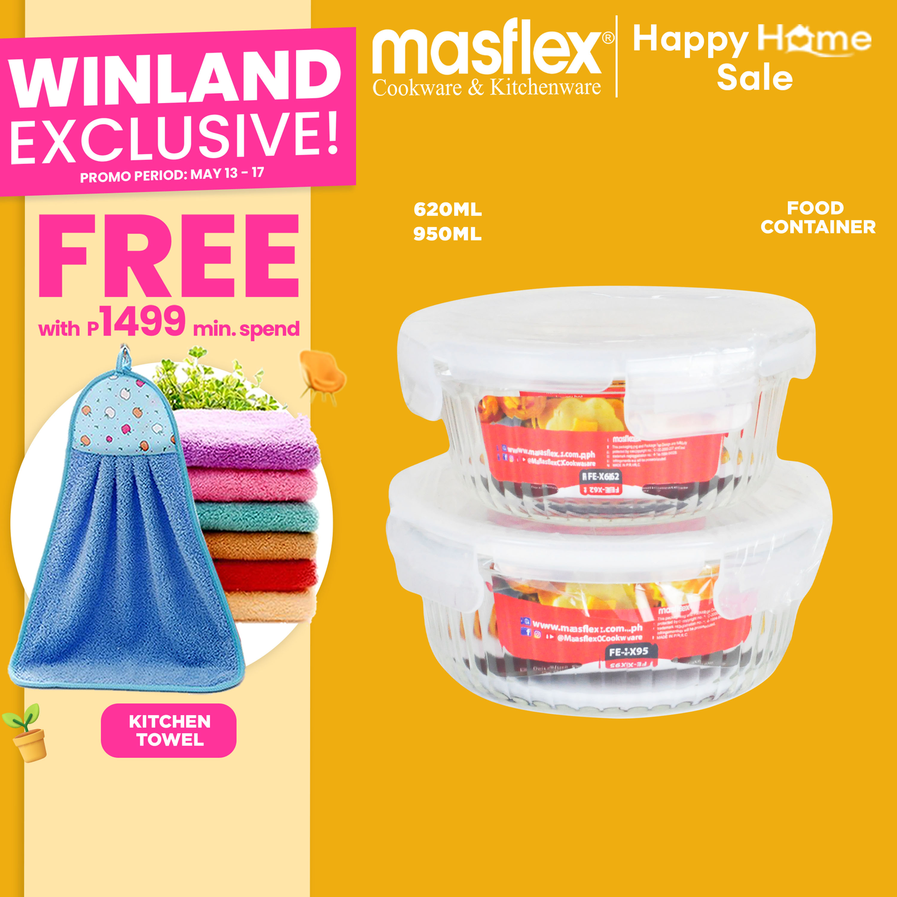 Masflex by Winland 620ML/950ML Airtight Deluxe Round Glass Food ...