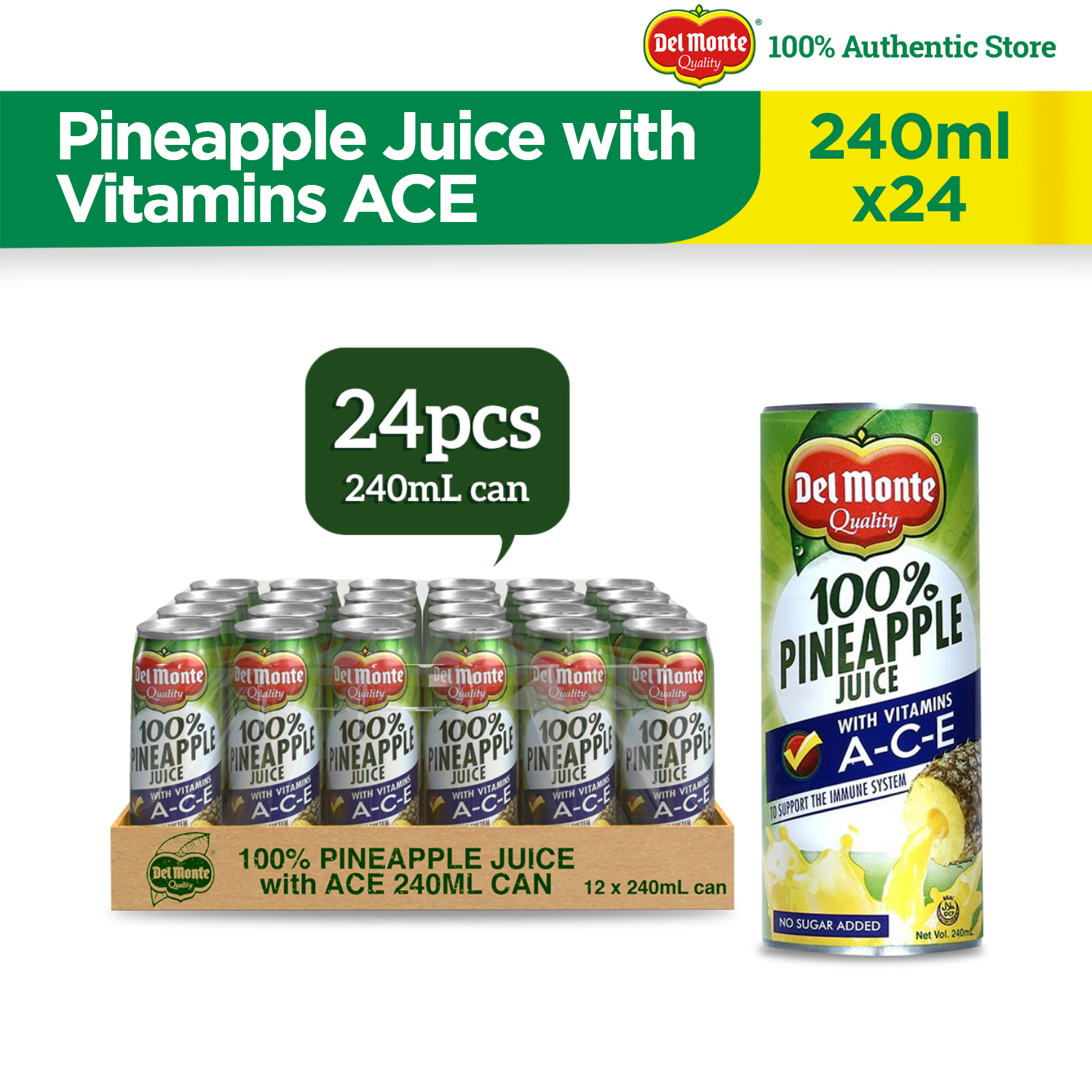 Del Monte 100% Pineapple Juice with Vitamin ACE 240mL (Box of 24 cans ...
