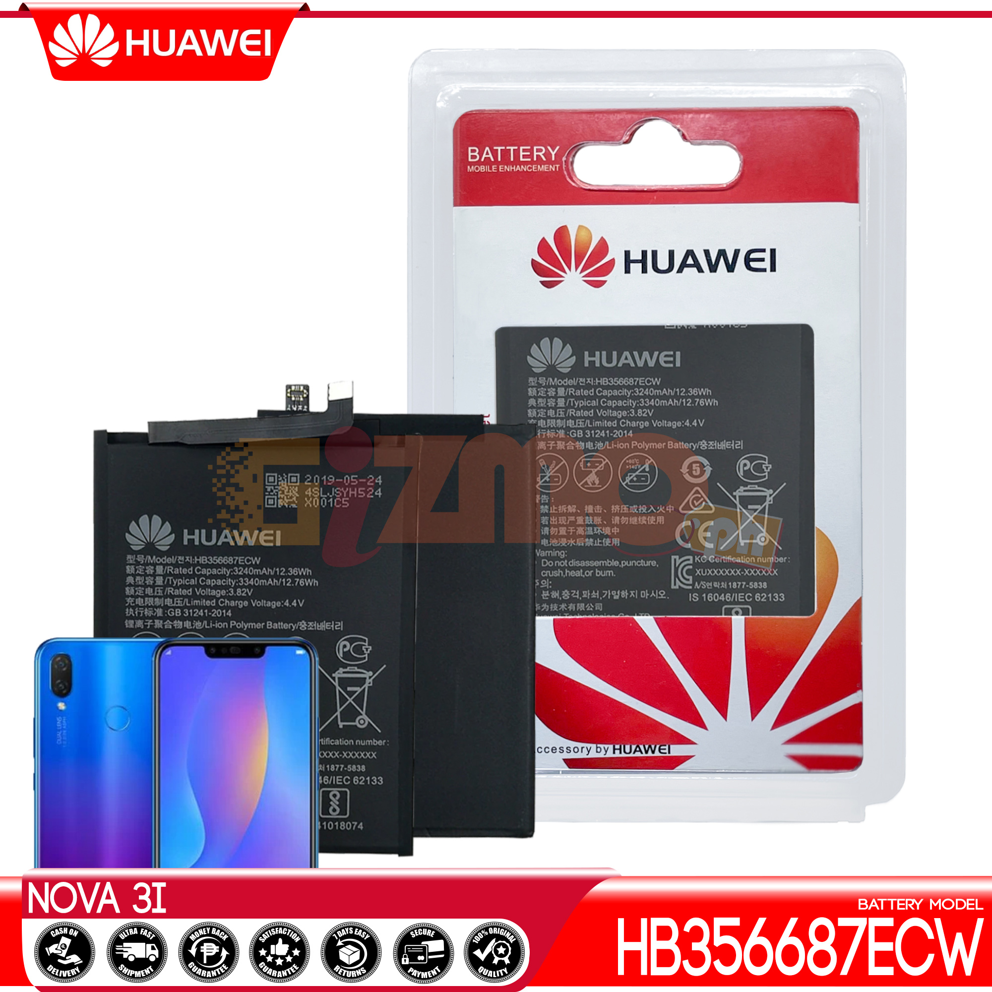 HB356687ECW Model Replaceable Battery for Huawei Nova 3i with Capacity of Li-Ion 3240mAh ...