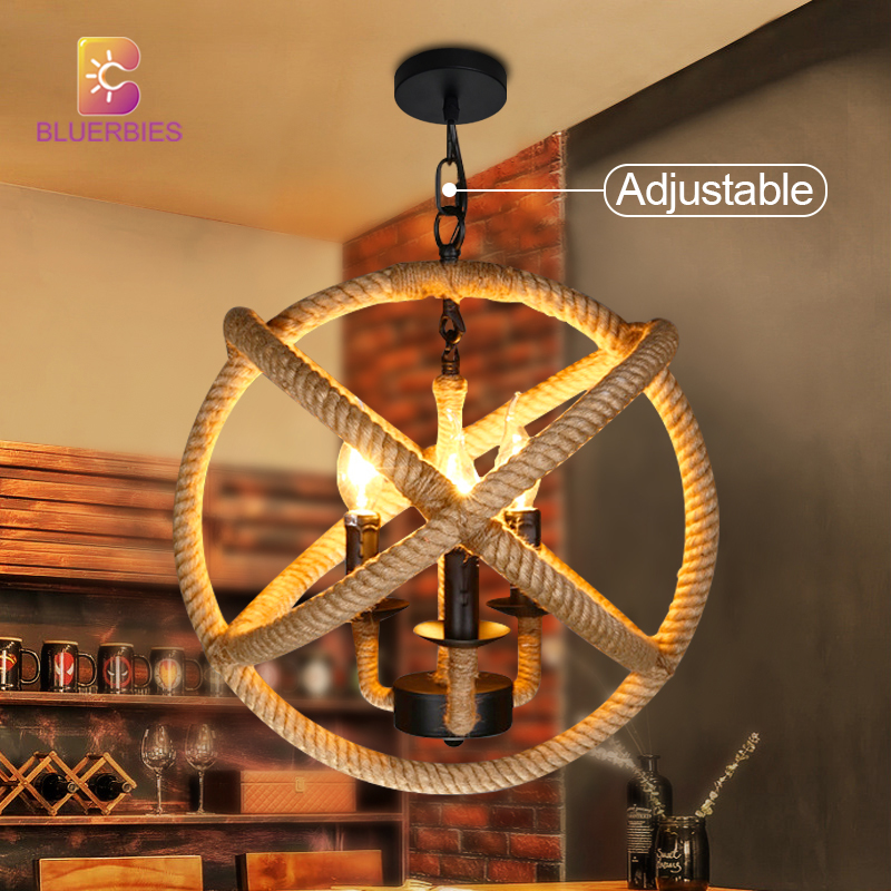 Pendant Light American Country Retro Industrial Design Candle Hemp Rope ...