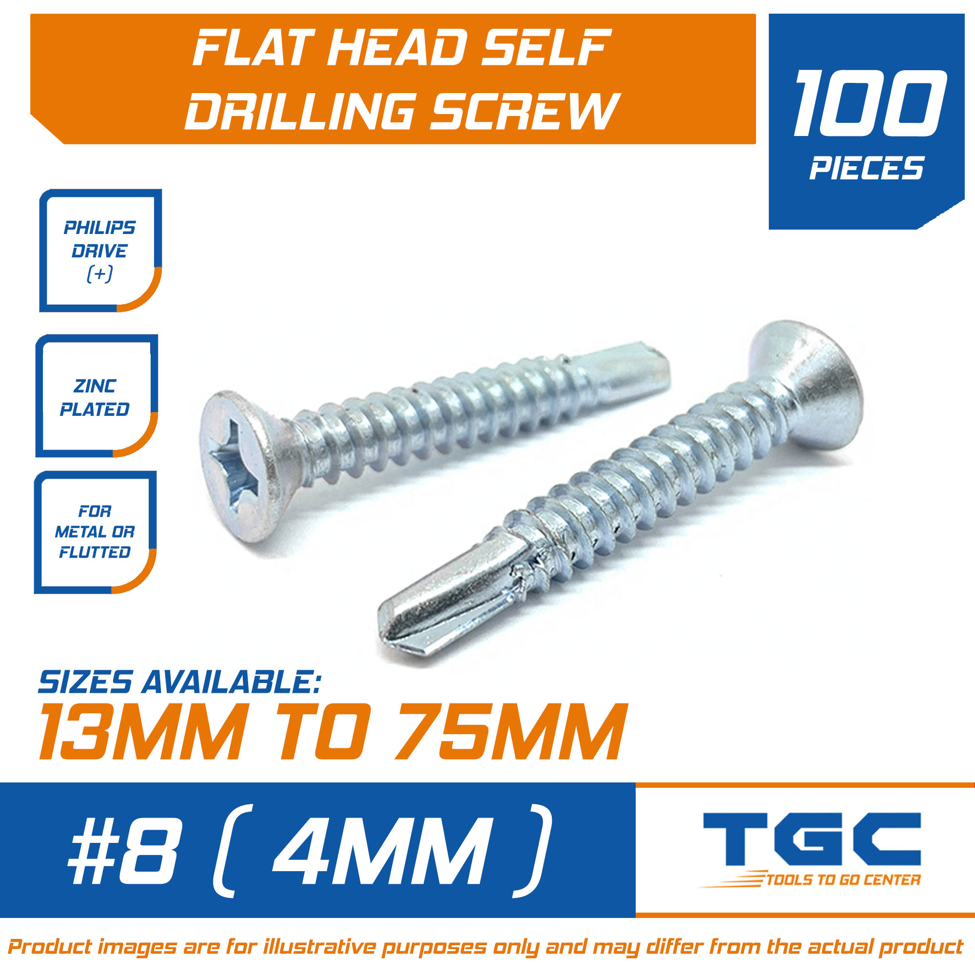 100 PCS #8 ( 4MM ) GI Flat Teks Screw or Flat Head Self Drilling Screw ...