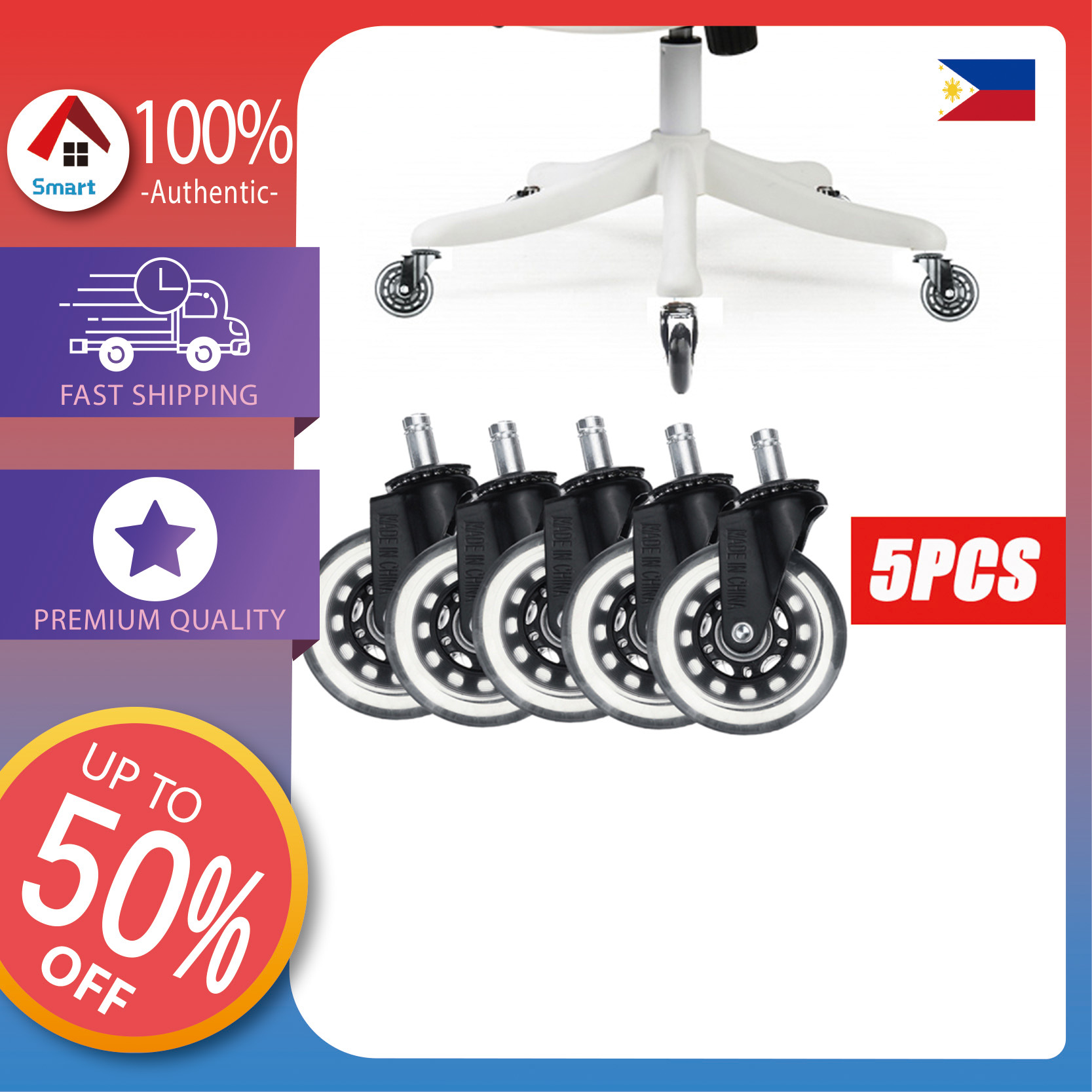 5 PCS Office Chair Caster Wheels 3 Inch Swivel Rubber 360 PU Roller ...