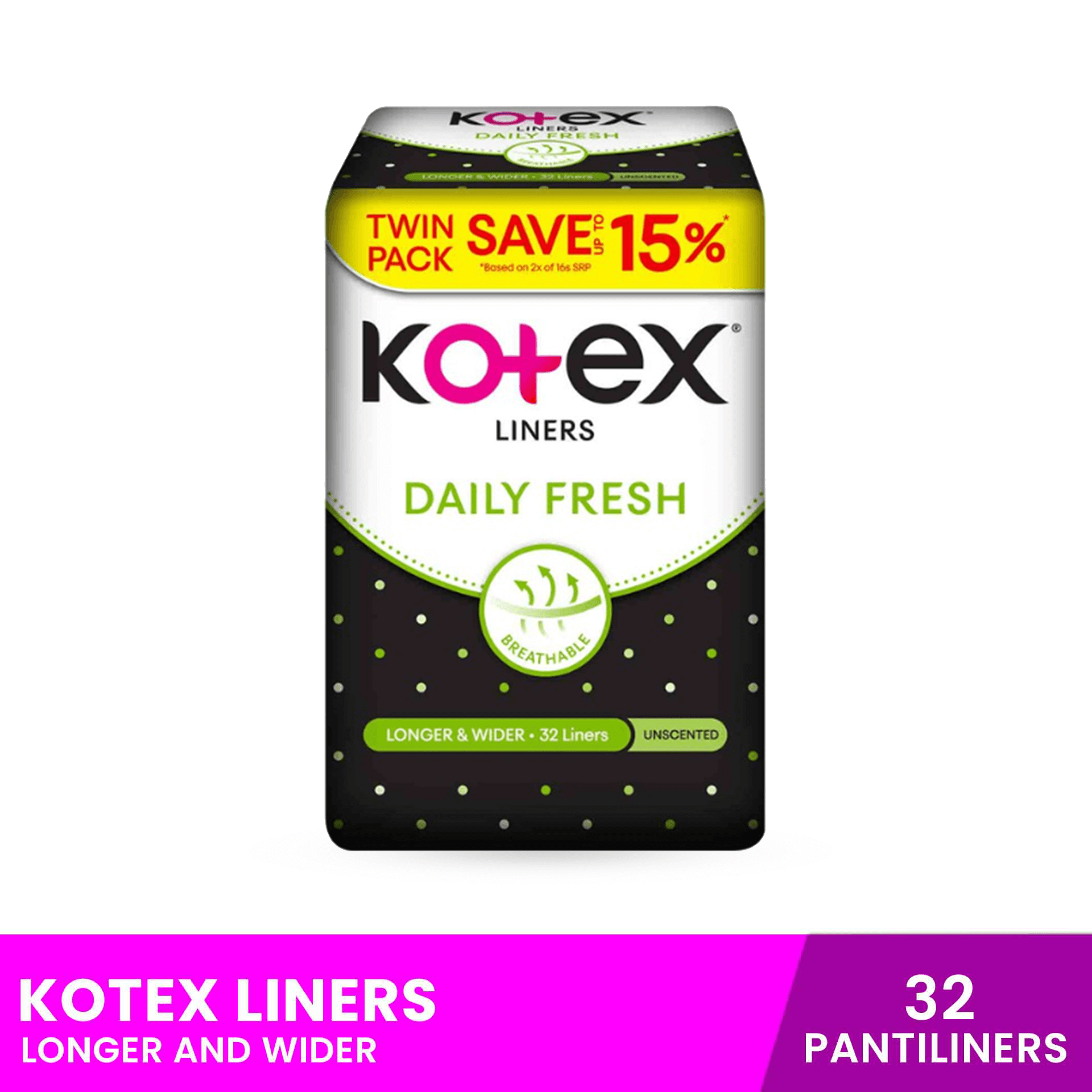KOTEX Liners, Longer and Wider, 32 Pantiliners, women's hygiene ...