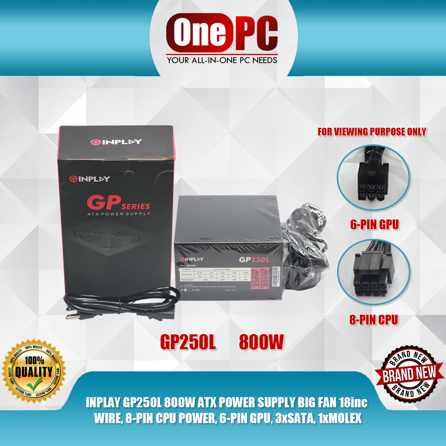 INPLAY GP250L 800W ATX POWER SUPPLY BIG FAN 18inc WIRE, 8-PIN CPU POWER ...