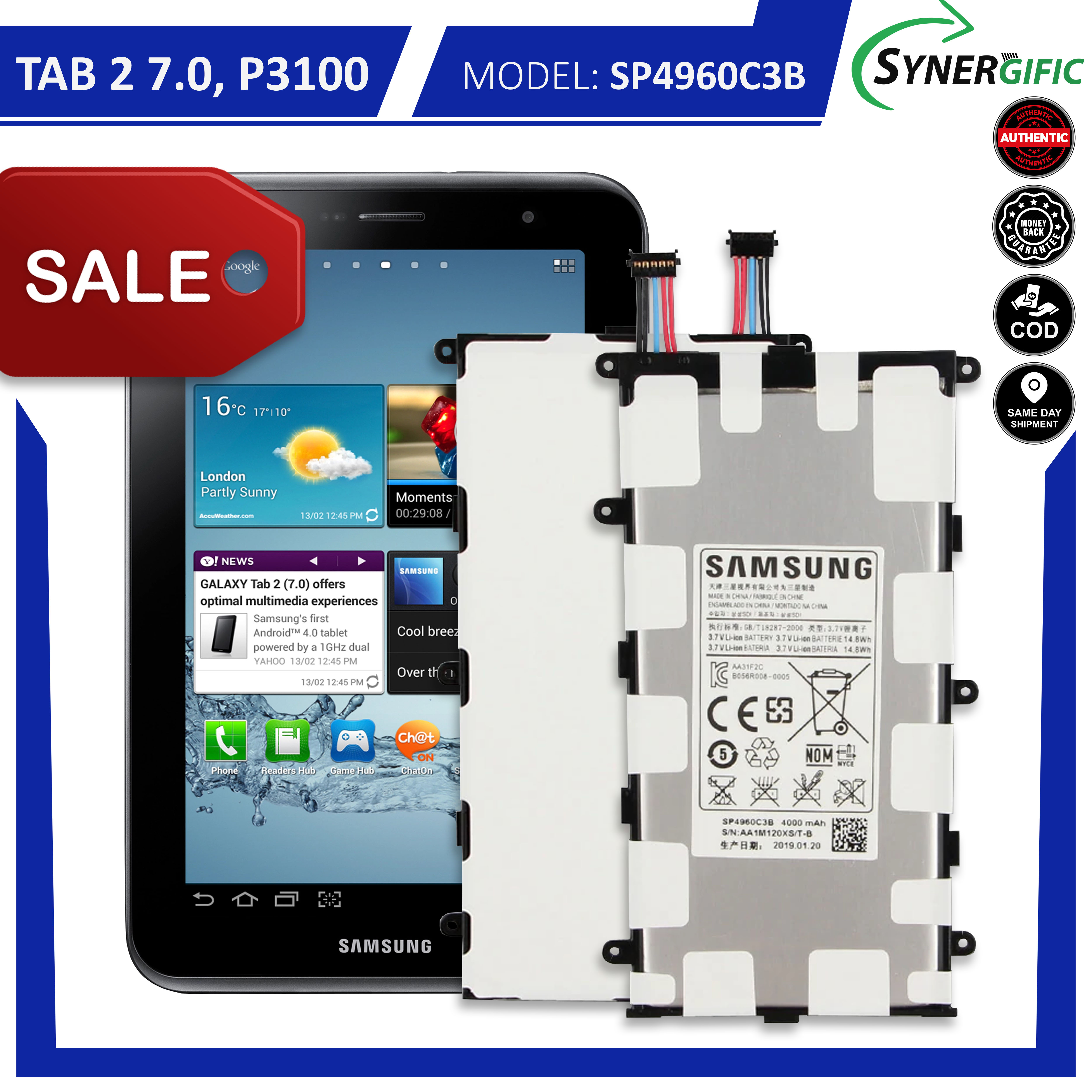 For Samsung Galaxy Tab 7.0 P1000 Battery Original, Model: SP4960C3A ...