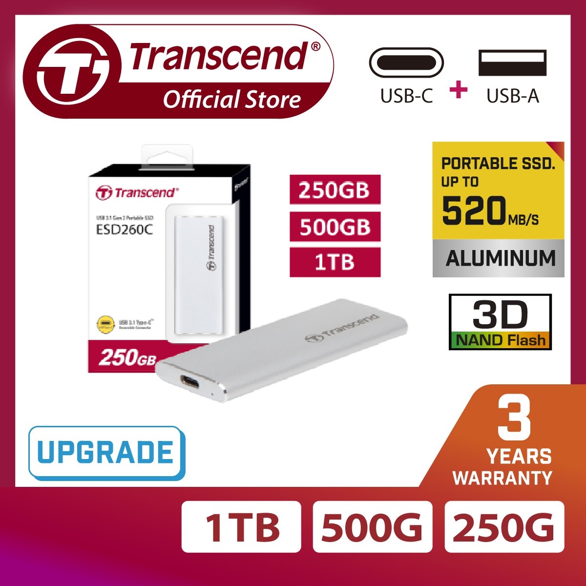 Transcend ESD260C USB 3.2 Gen 2 Type-C Portable SSD | 250GB SSD, 500GB ...