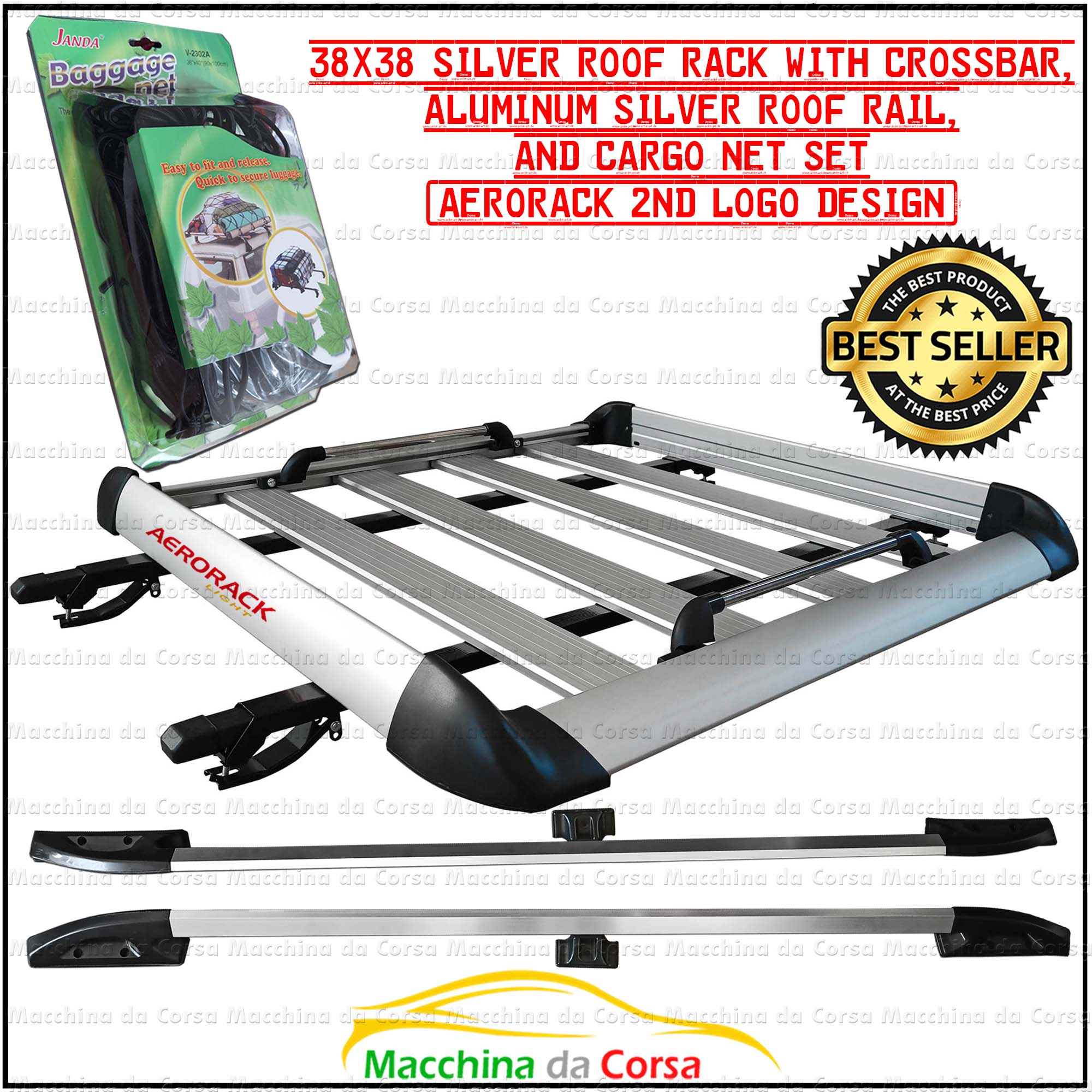 Aerorack 2nd Logo Silver Roof Rack Basket 38x38 and Clamp to Roof Rail ...