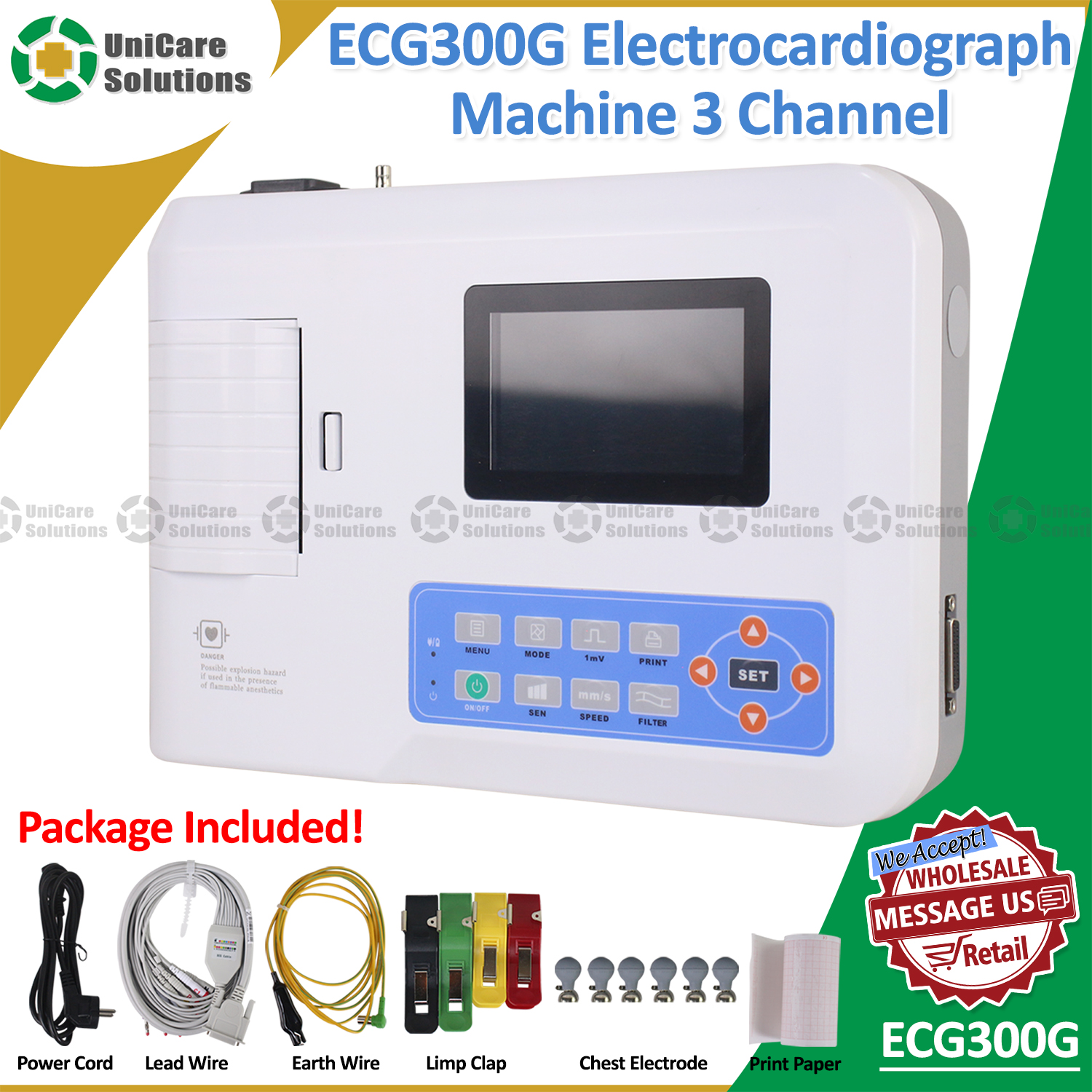 Unicare Solutions ECG300G Portable 3 Channel ECG Machine Digital 12 ...
