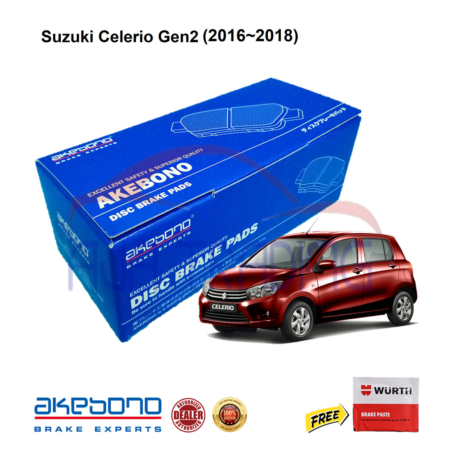 Genuine Akebono Front Brake Pads for Suzuki Celerio (2016 ~ 2018) with free WURTH Brake Paste ...