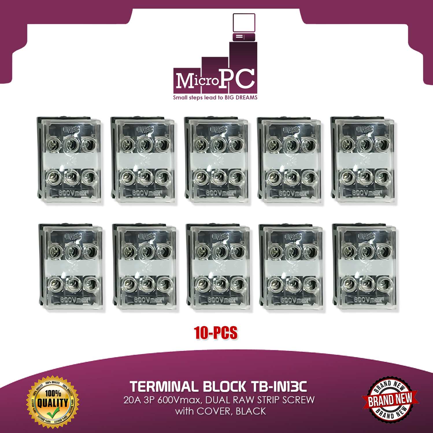 TERMINAL BLOCK TB-IN13C 20A 3P 600Vmax, DUAL RAW STRIP SCREW with COVER ...