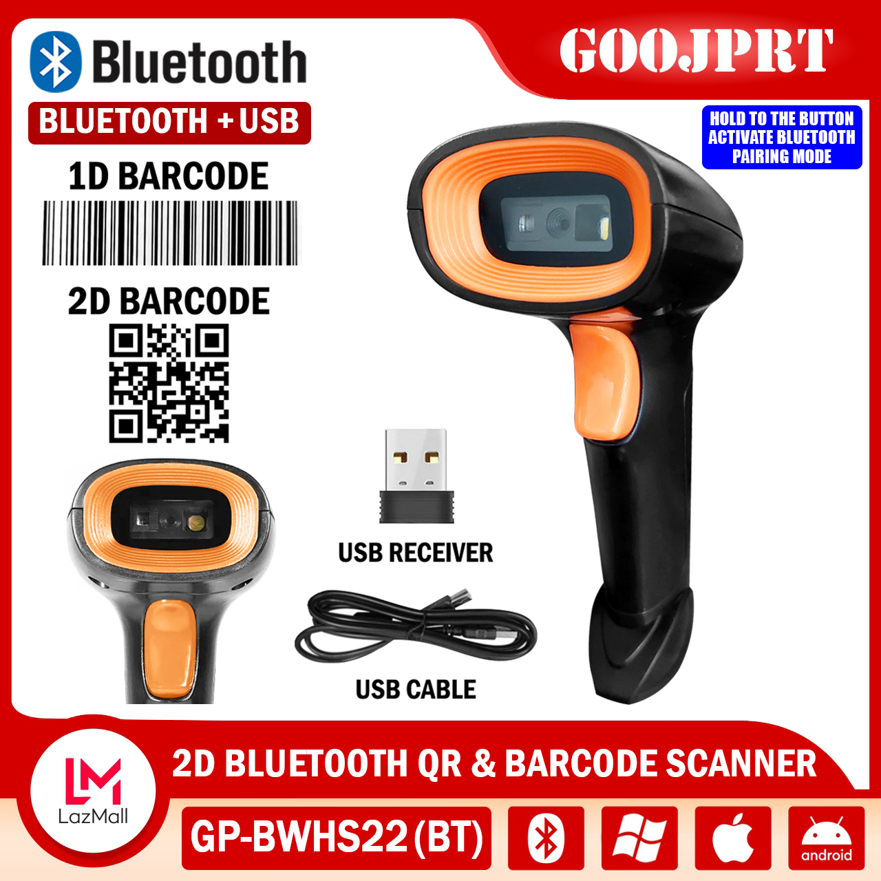 GOOJPRT GP-BWHS22 1D 2D QR Codes Portable Wireless Bluetooth Barcode ...