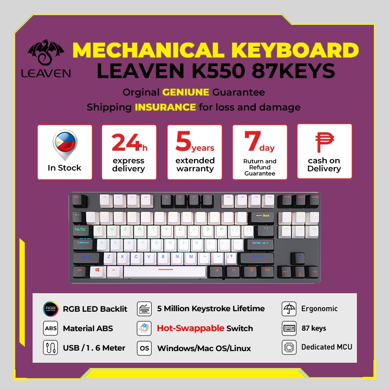 【100% Authentic】LEAVEN K550 Mechanical Keyboard 87Key With RGB Hot Swappable Wired Gaming ...