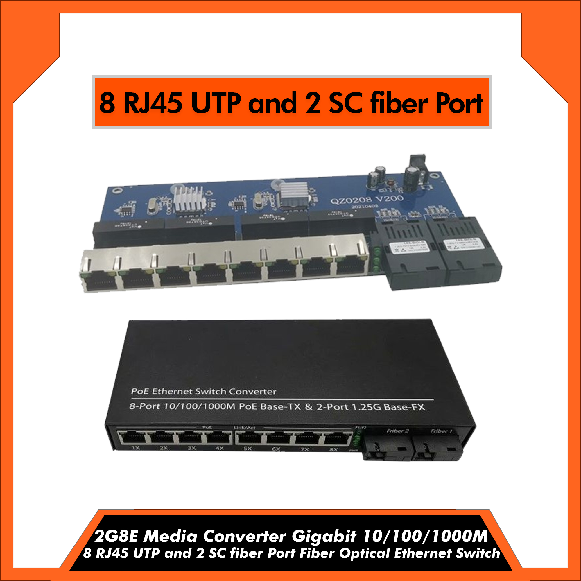 2G8E Media Converter Gigabit 10/100/1000M 8 RJ45 UTP and 2 SC fiber ...