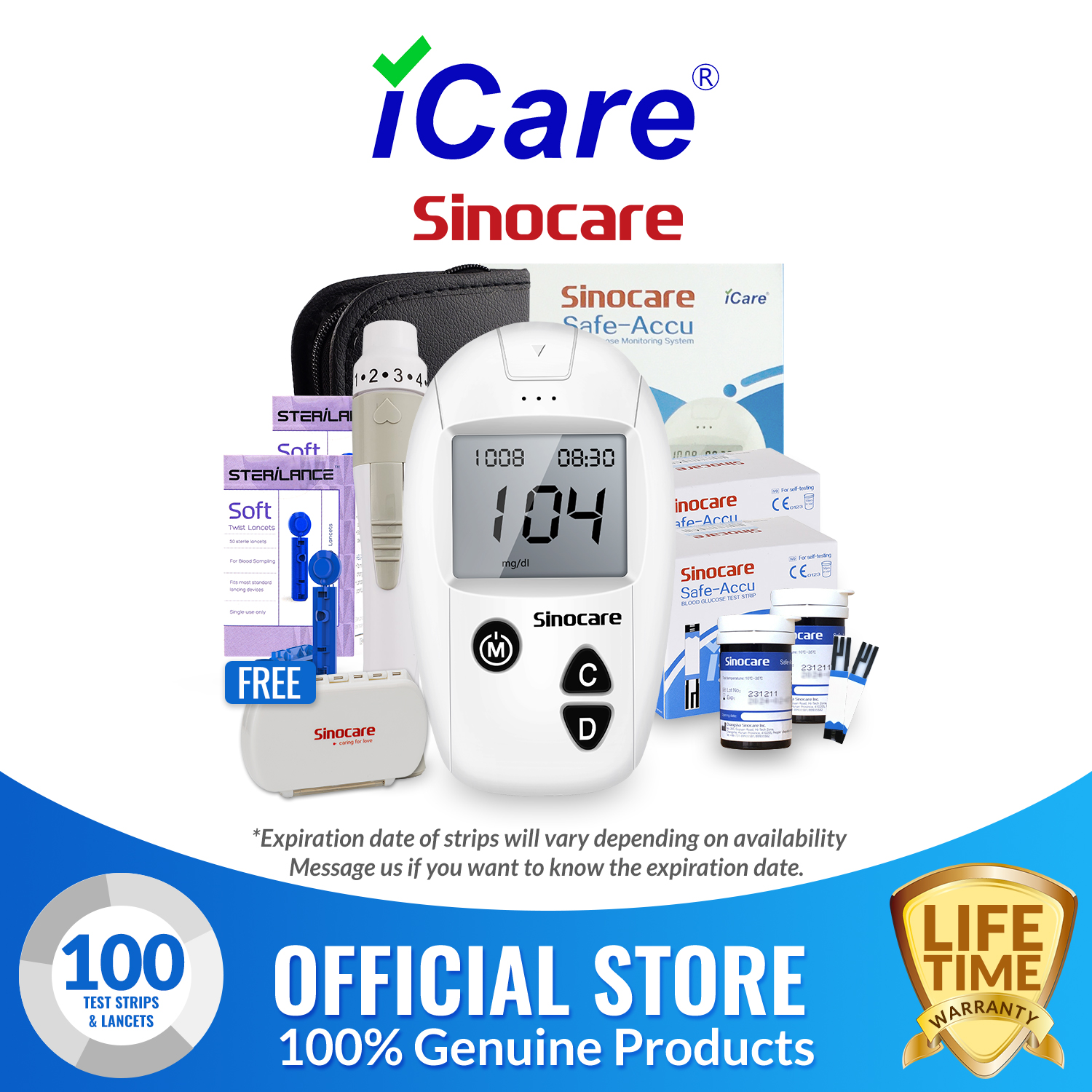 iCare SA100 Safe Accu Blood Glucose Meter with 100 Test Strips and 100 ...