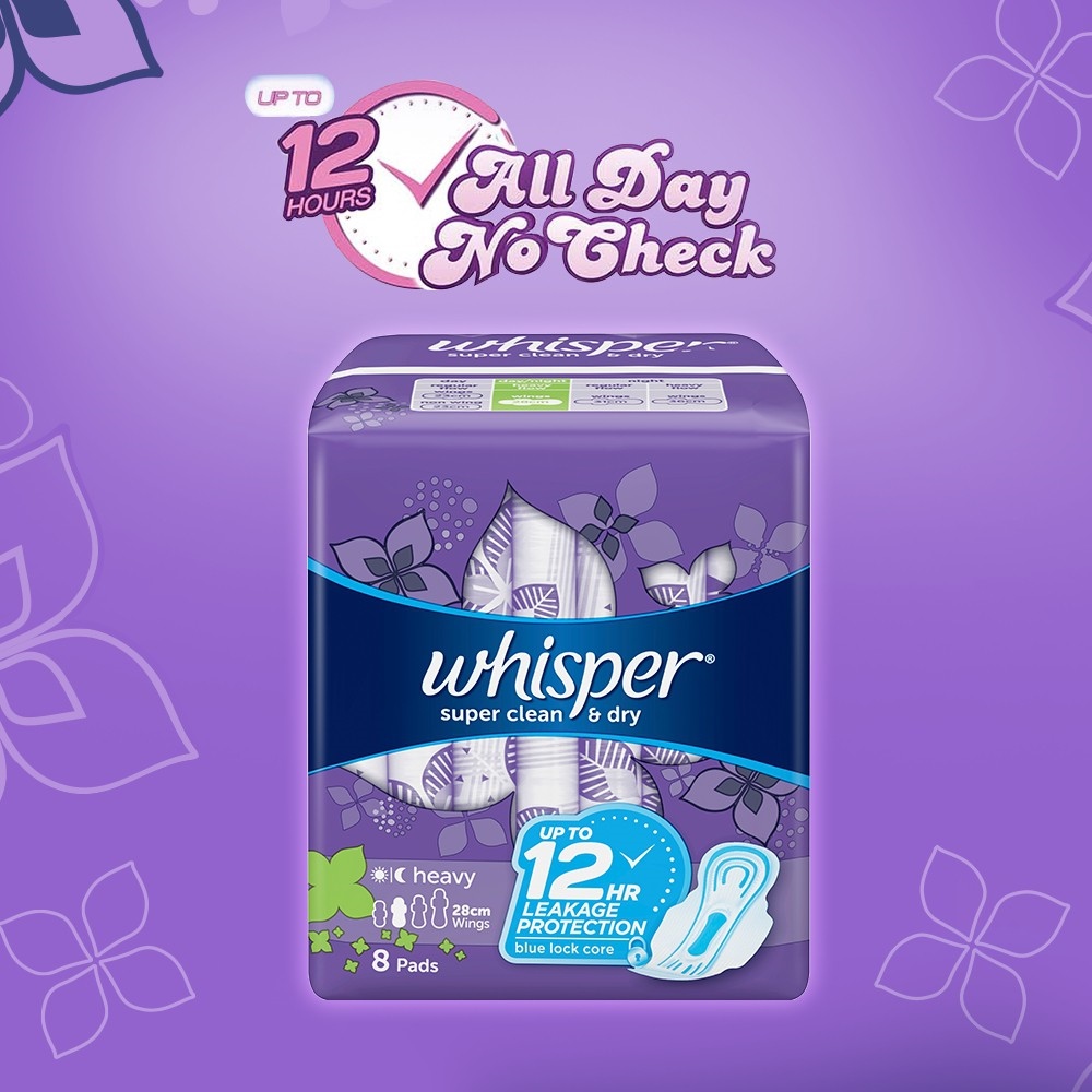 Whisper Super Clean Dry Heavy Flow / Overnight Wings Sanitary Napkin 8 ...