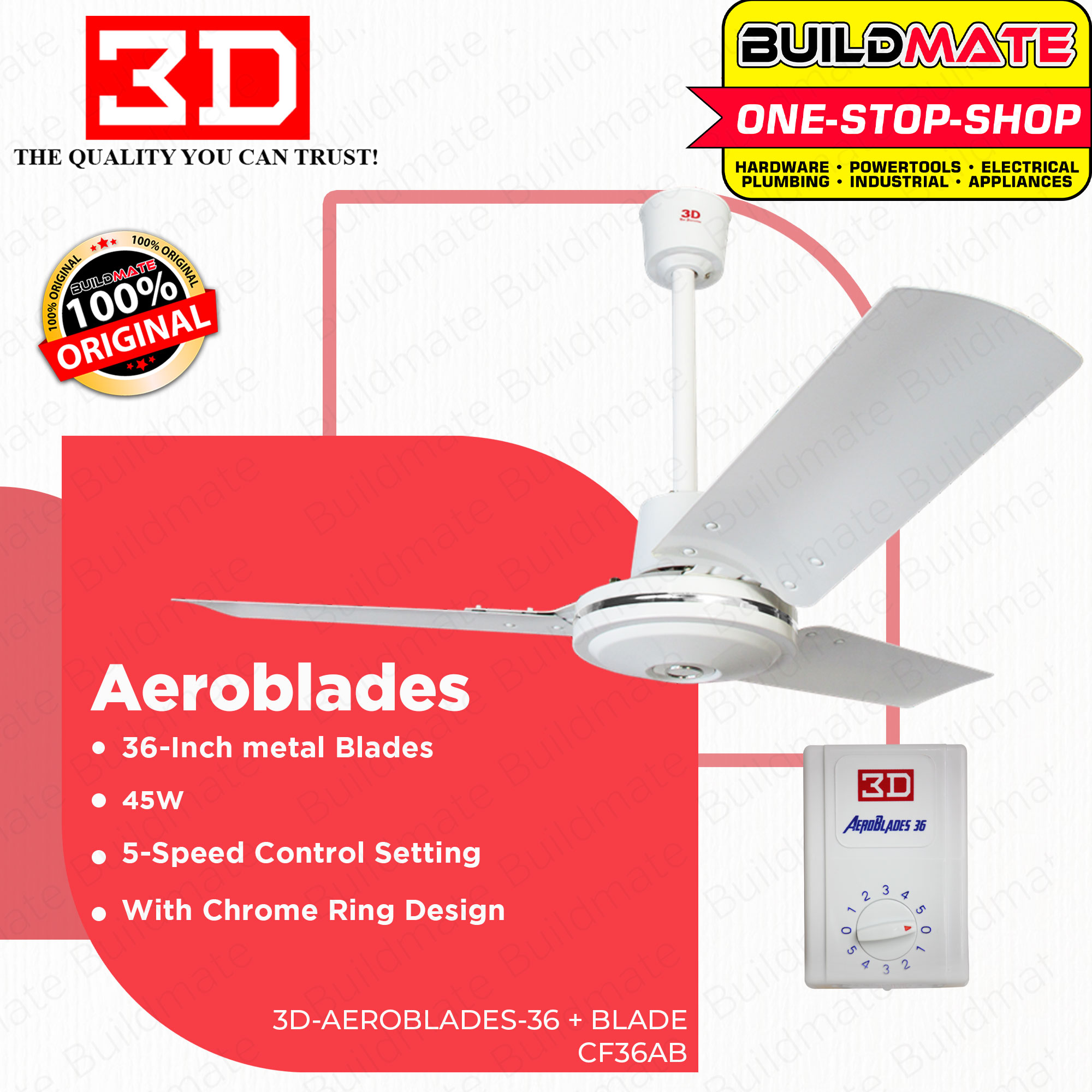 3D Aeroblades Ceiling Fan 36" Inch 5 Speed Control Setting 45W 100 ...