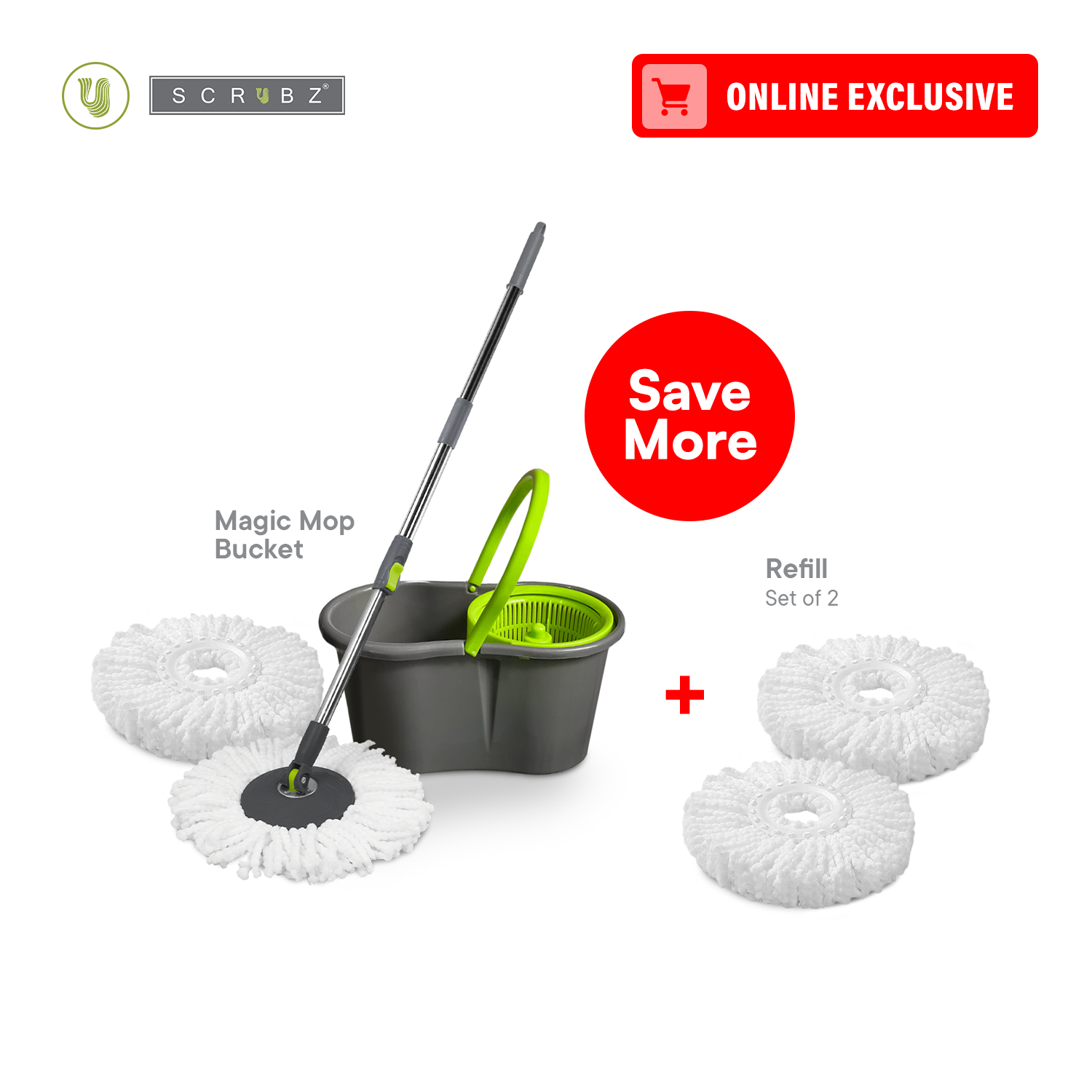SCRUBZ Microfiber Spin Mop with 2 head refills, Magic Mop with Spinner ...