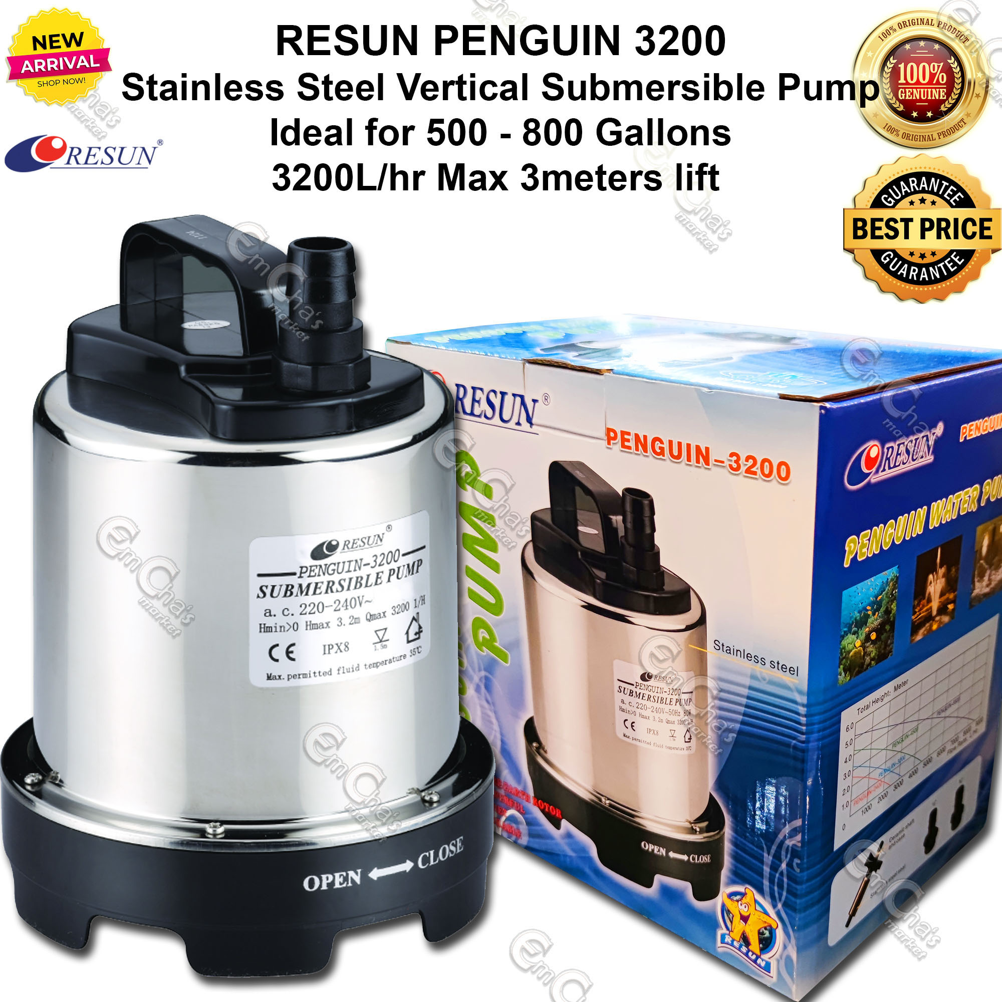 Resun Penguin 3200 3200L/hr Vertical Pump (pnd) for 500 - 800 Gallons (500gl) (600gl) (700gl ...