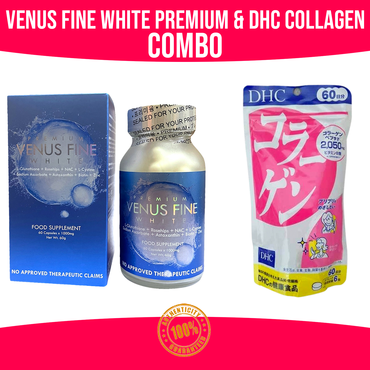 Venus Fine White PREMIUM Glutathione 60 Capsules + DHC collagen 60 days ...
