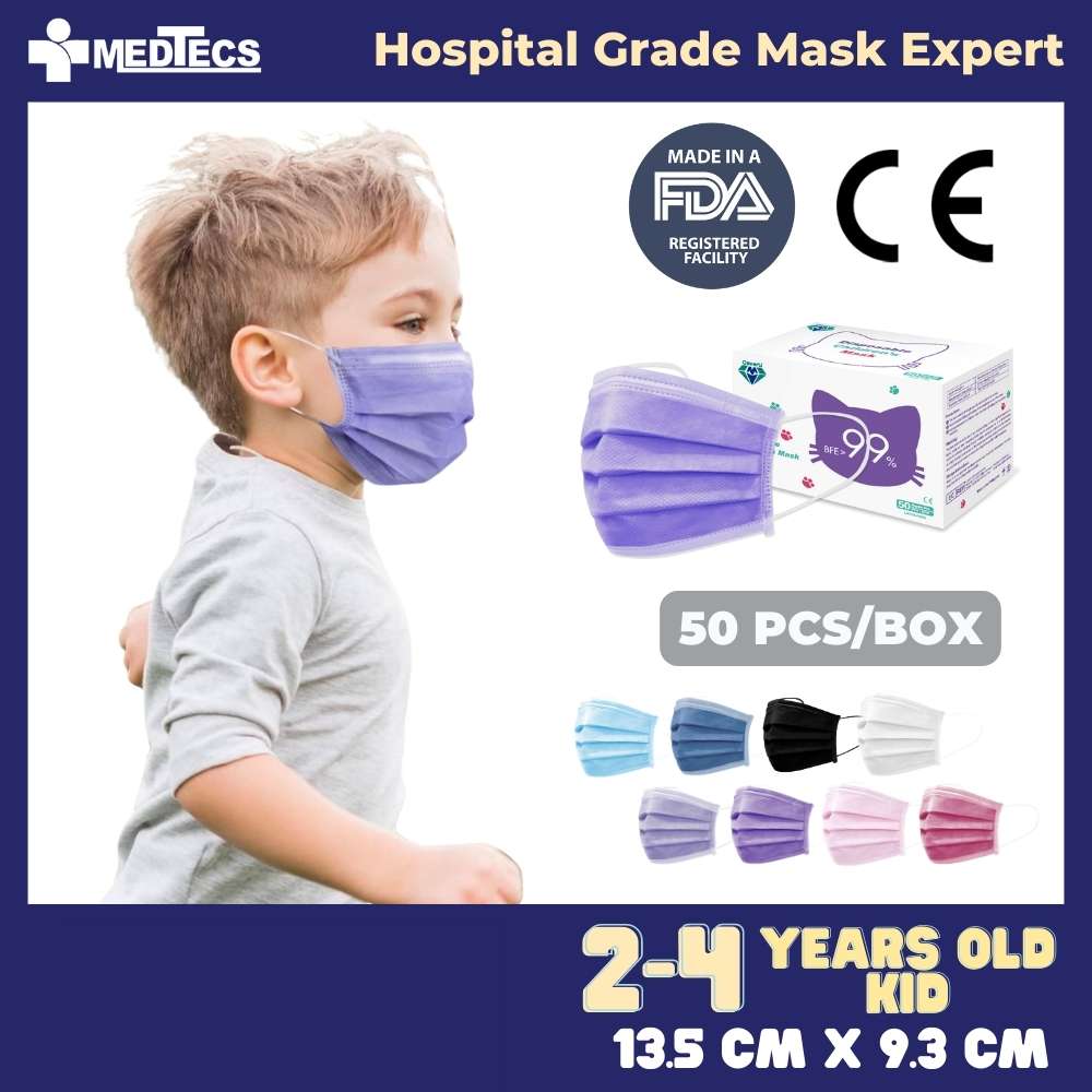 Macaron Purple Face Mask For Kids 3-Ply 50pcs Disposable Medical Kid ...