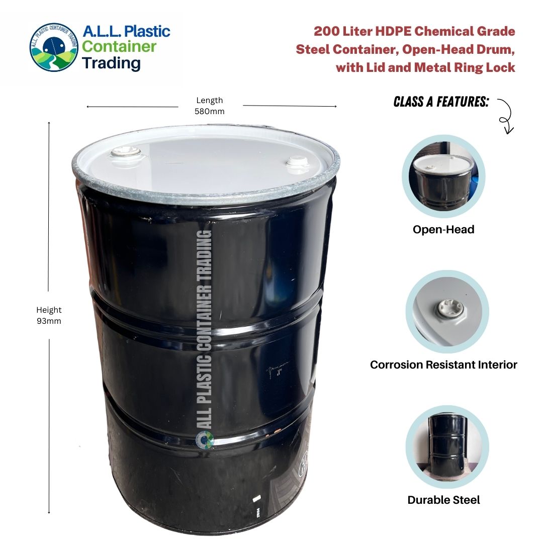200 Liter HDPE Chemical Grade Steel Container, Open-Head Drum, with Lid ...