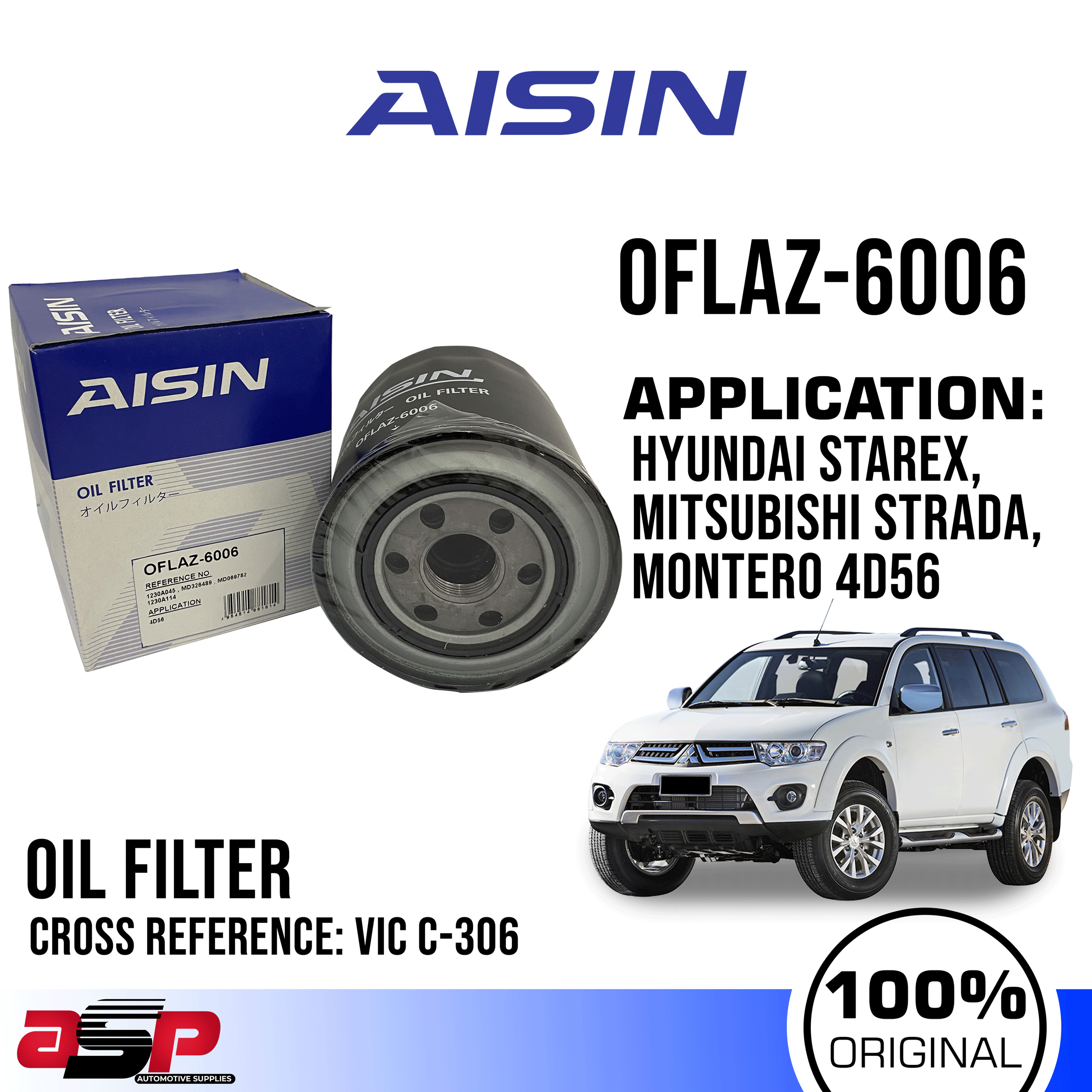 AISIN Oil Filter for Mitsubishi Montero Gen 2, Strada, L300 4D56 Engine ...