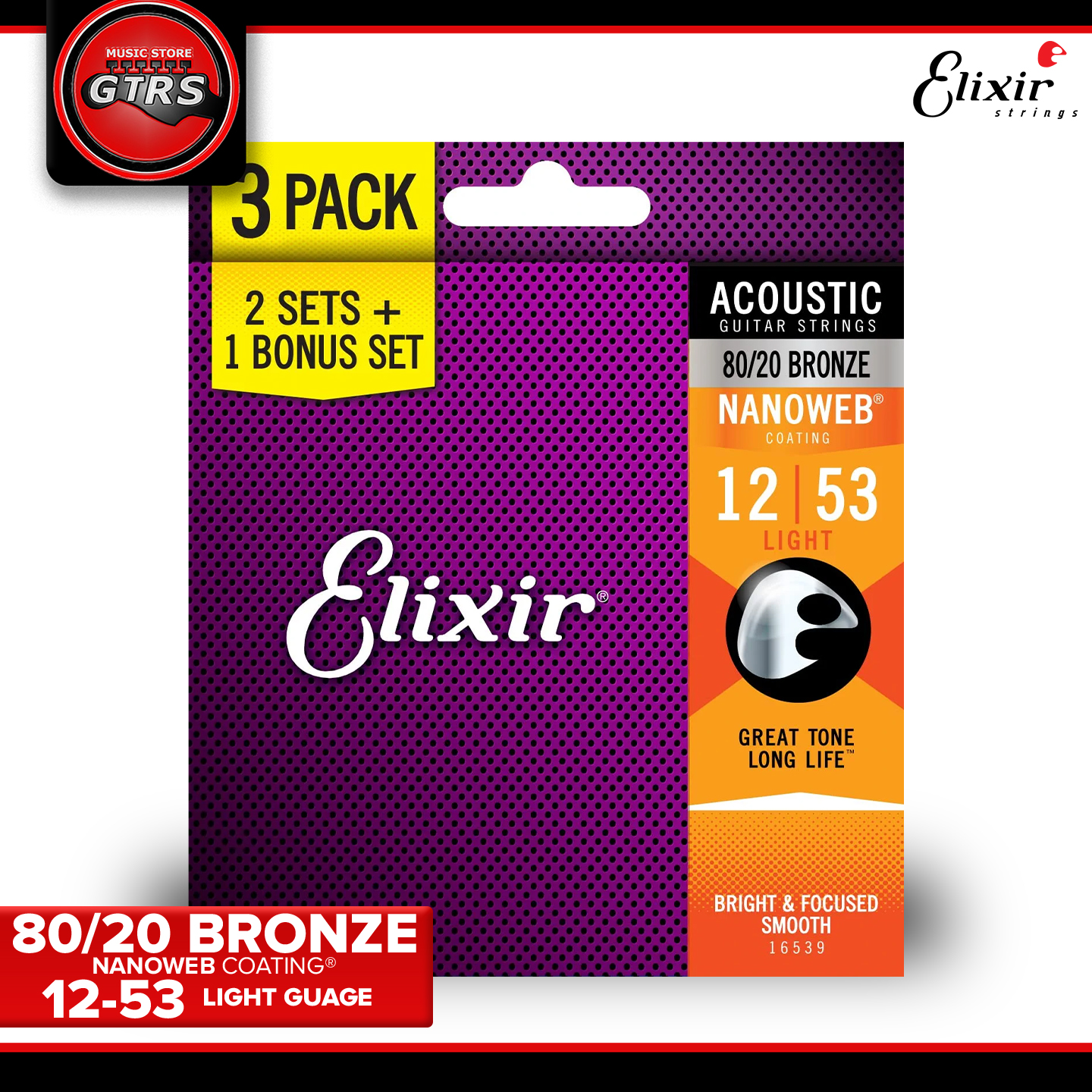 Elixir Acoustic 80/20 Bronze Acoustic Guitar Strings with NANOWEB ...