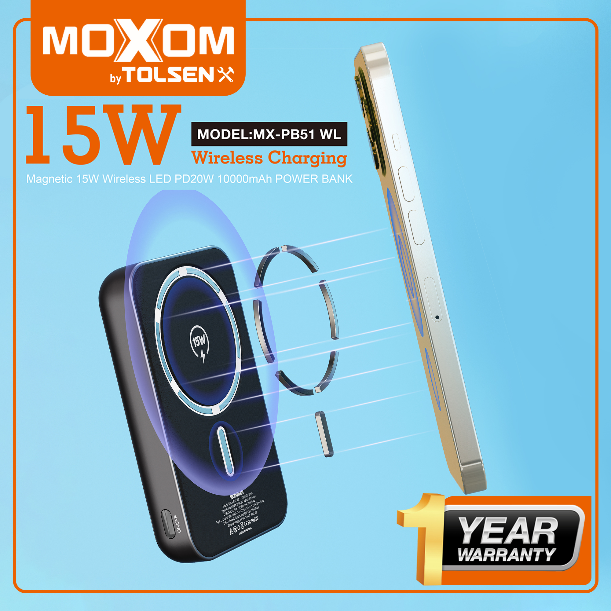 MOXOM Magnetic Power Bank 20W PD For Iphone w/ LED Display & Stand (10 ...