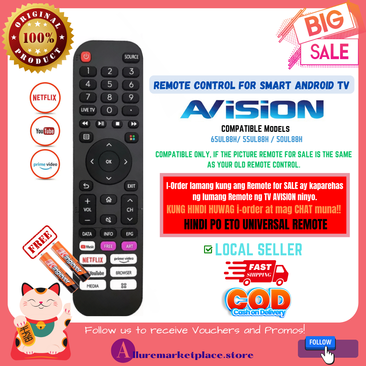 Replacement TV Remote for Avision Smart TV Remote Control 65UL88H ...