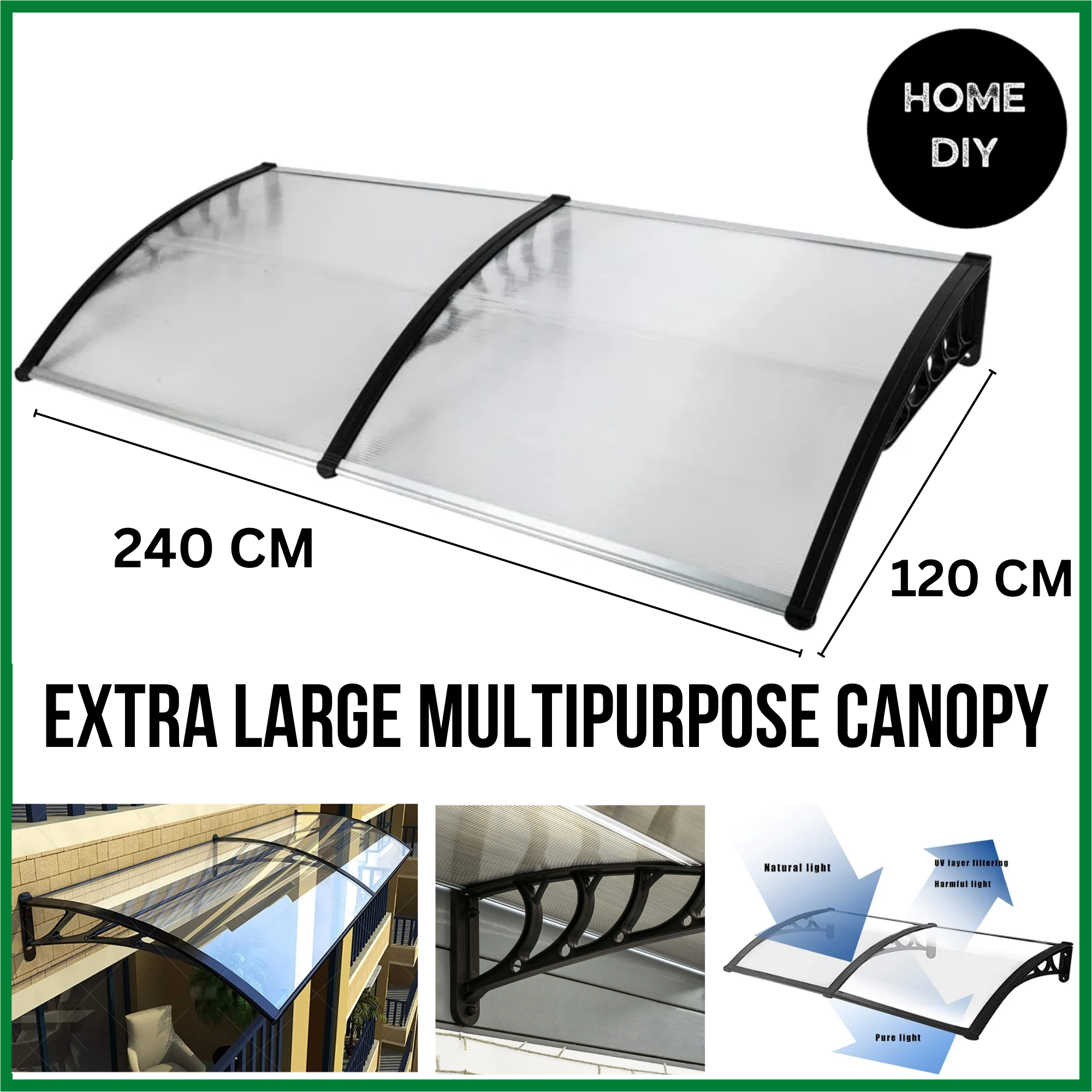 DIY HOME Extra Large 120CM Door Window canopy Polycarbonate awning ...