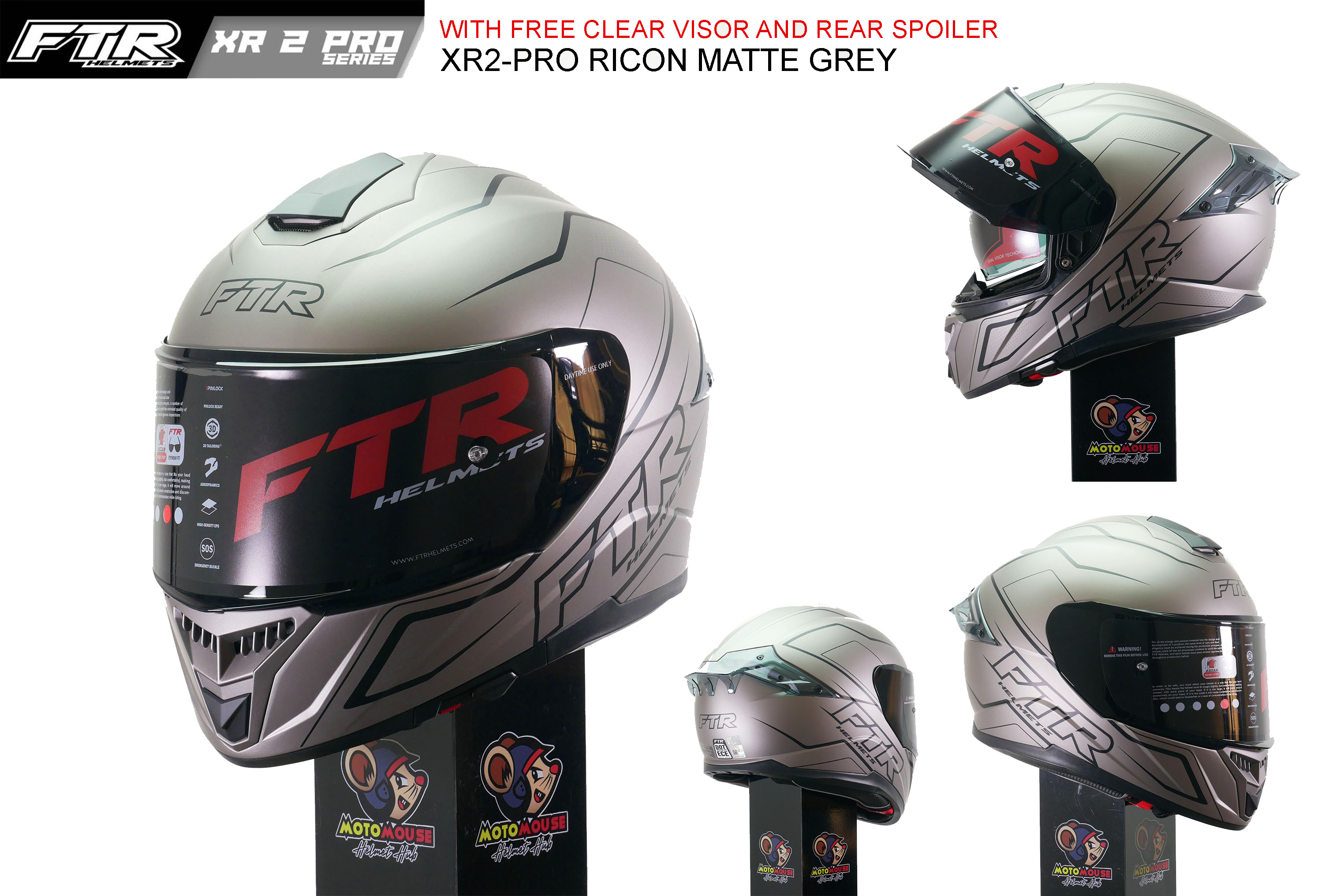 Helmet Full Face FTR XR2 Pro Printed Ricon Grey Dual Visor with Spoiler ...