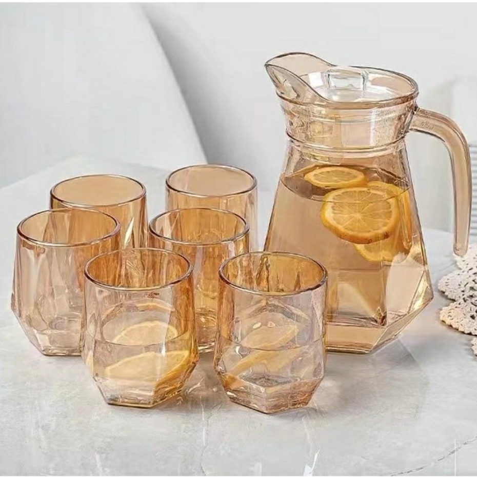 Glass Pitcher and Cups Set / Drinking Glass Set Gold Hexagonal Diamond ...