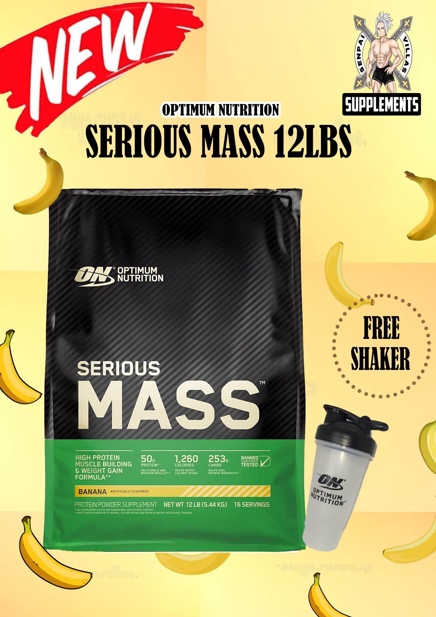 OPTIMUM NUTRITION SERIOUS MASS BANANA 12LBS WITH FREE SHAKER AND MUSCLE ...