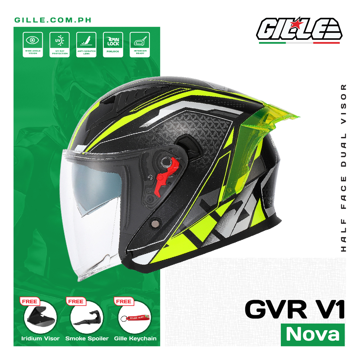 Gille Helmet 172 GVR-V1 Nova Motorcycle Helmets Half Face Dual Visor ...
