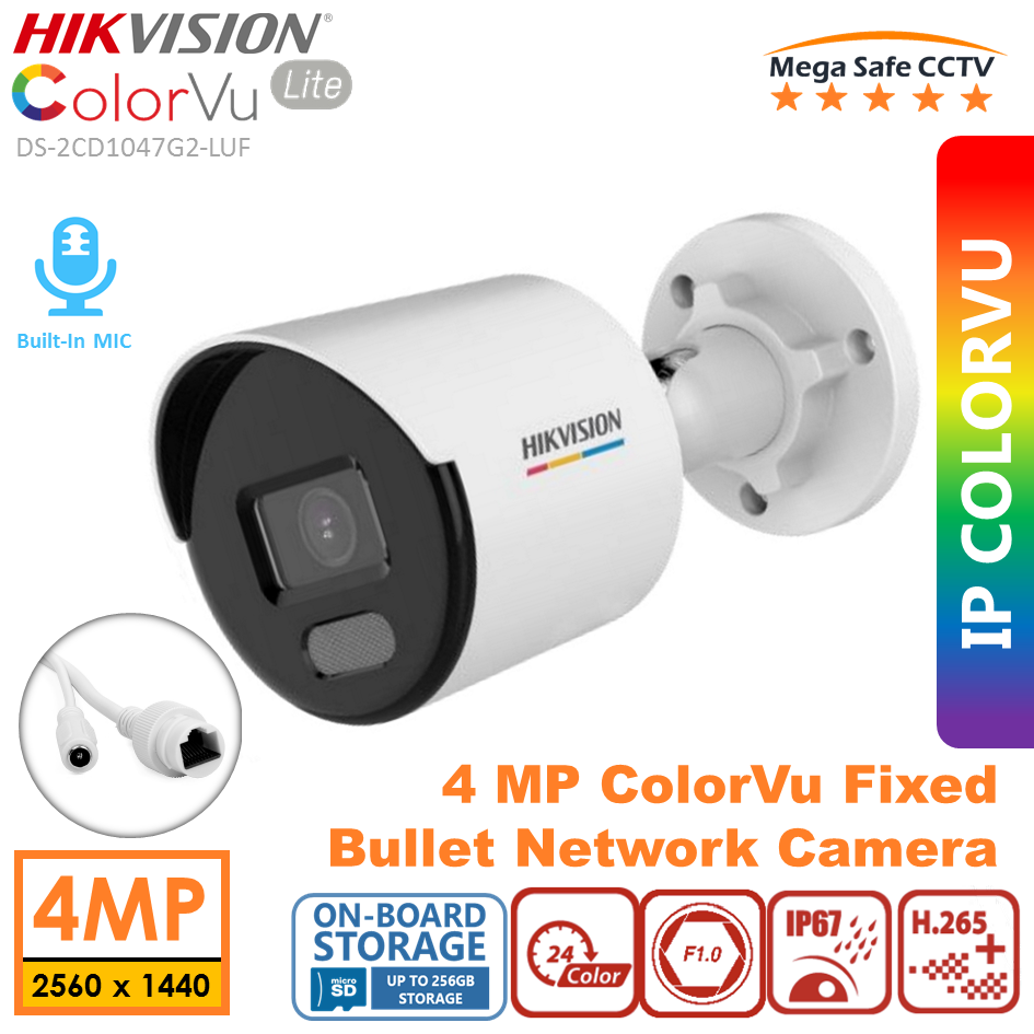 HIKVISION 4MP ColorVu Audio PoE Fixed Bullet IP Camera, Colored Night Vision, IP67 Outdoor ...