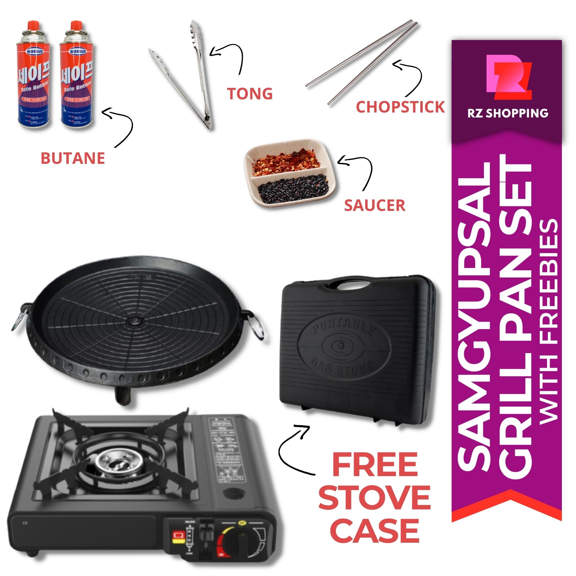SAMGYUPSAL GRILL PAN SET, Grill Pan Samgyupsal, Butane Gas Stove, Grill ...