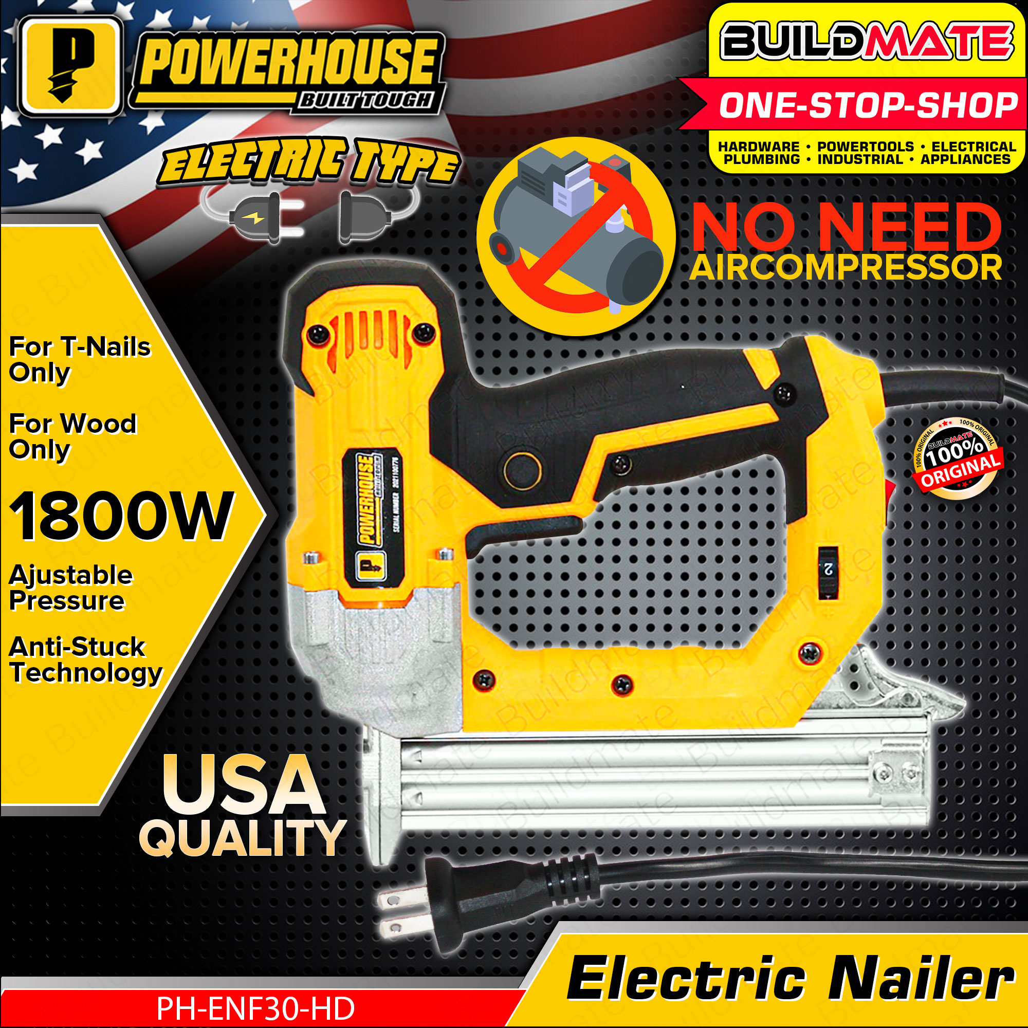 BUILDMATE Powerhouse USA 1800W Electric Nailer Gun with Adjustable ...