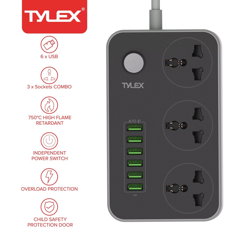 TYLEX X-E01 6 USB Power Strip Extension Power Socket | Lazada PH