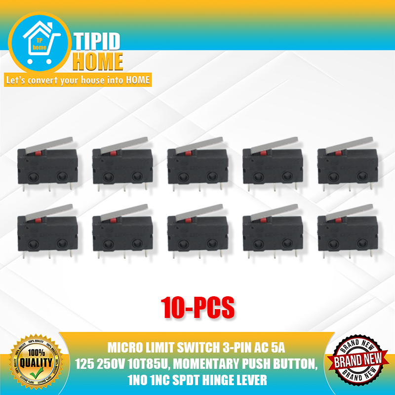 MICRO LIMIT SWITCH 3-PIN AC 5A 125 250V 10T85U, MOMENTARY PUSH BUTTON, 1NO 1NC SPDT HINGE LEVER ...