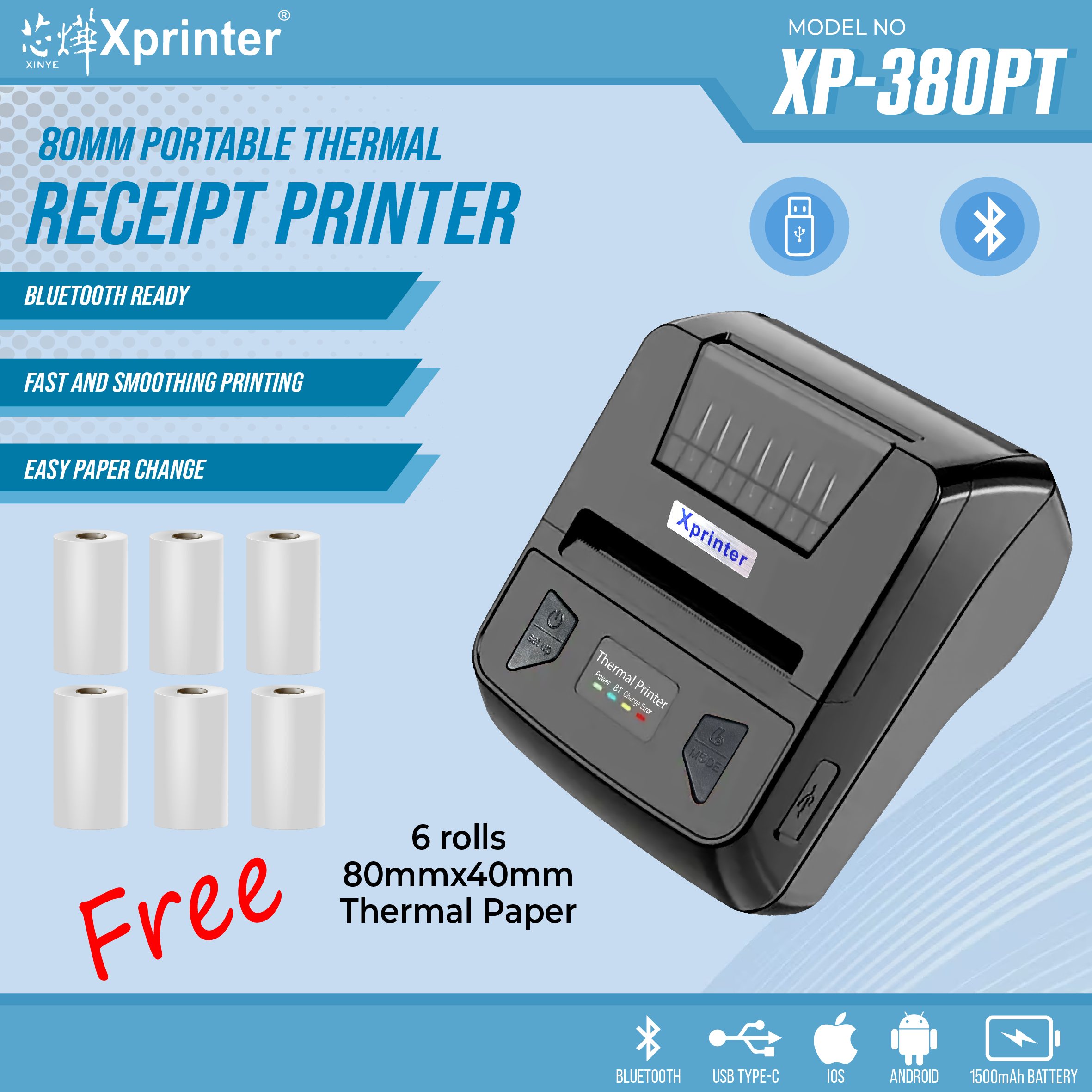 Xprinter XP-380PT Bluetooth 80mm Thermal Portable Printer Receipt Bill Printer 3 inch Mobile ...