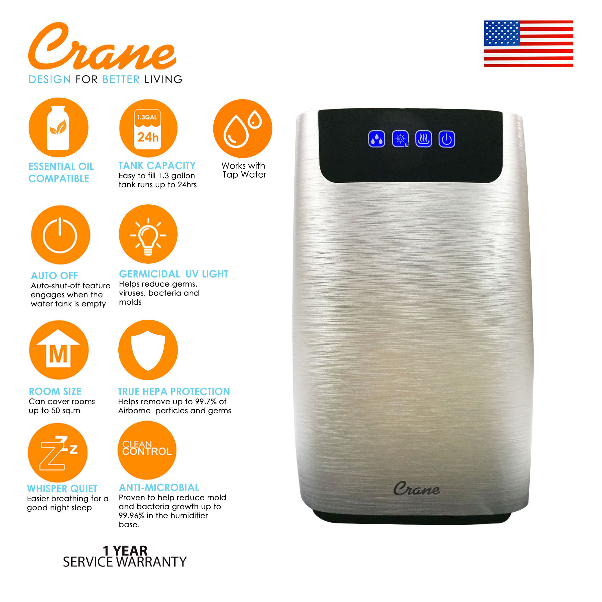 Crane EE-6908A 3-IN-1 True-Hepa Humidifier - Warm and Cool Mist with ...