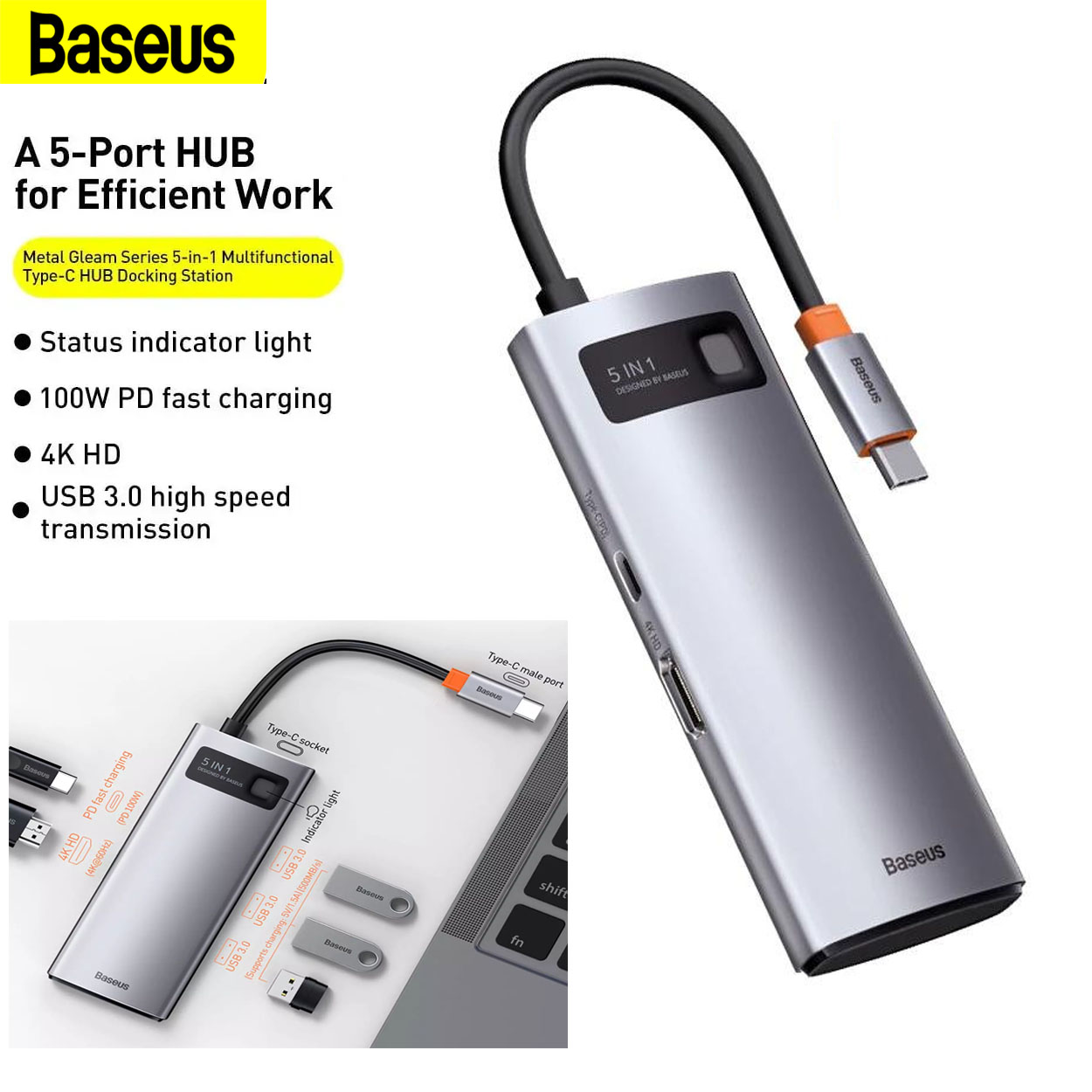 Baseus 5-in-1 Multifunctional Type-C HUB Docking Station 100W PD Fast ...