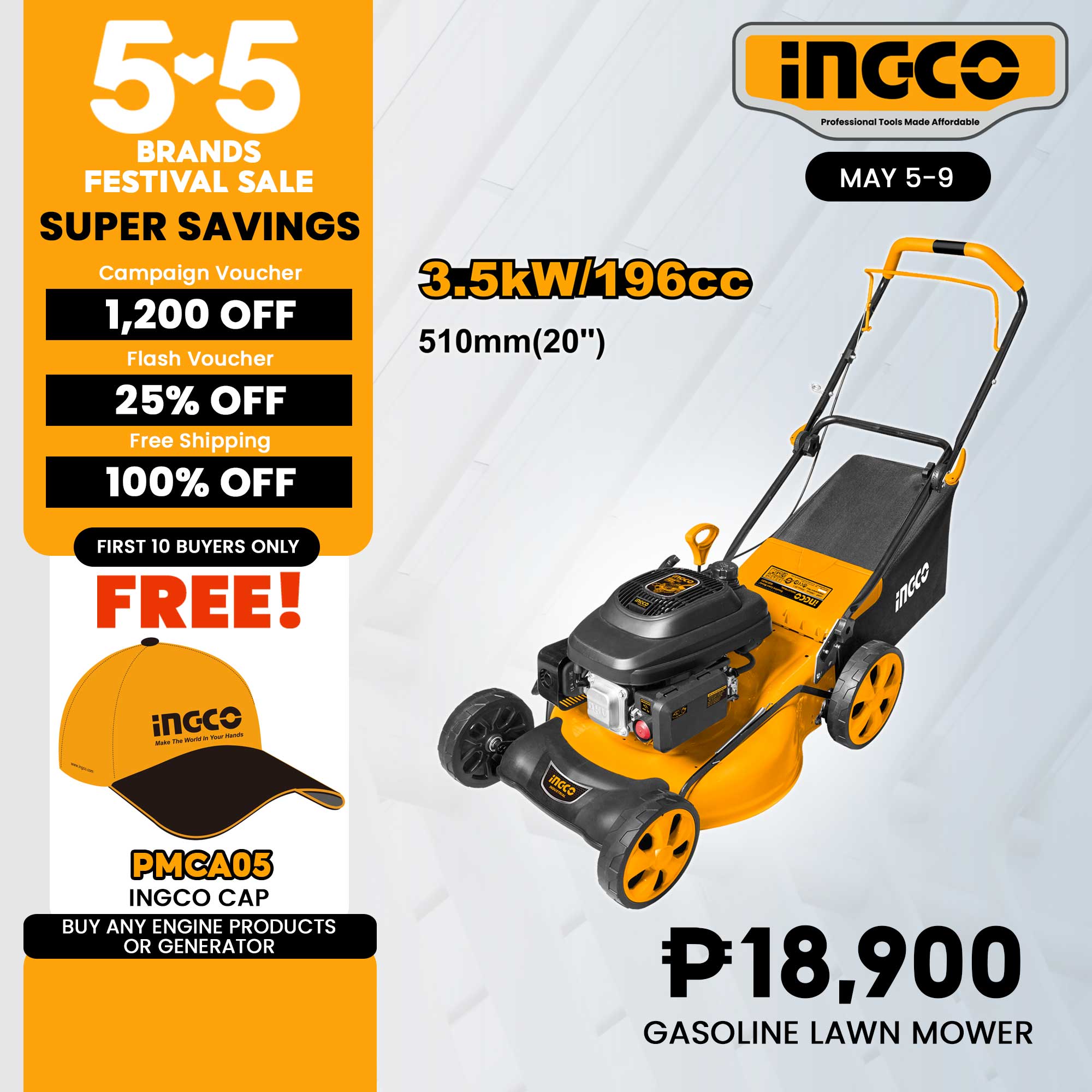 Ingco 4-Stroke Engine 60L Gasoline Lawn Mower 196cc GLM196201 IIT ...