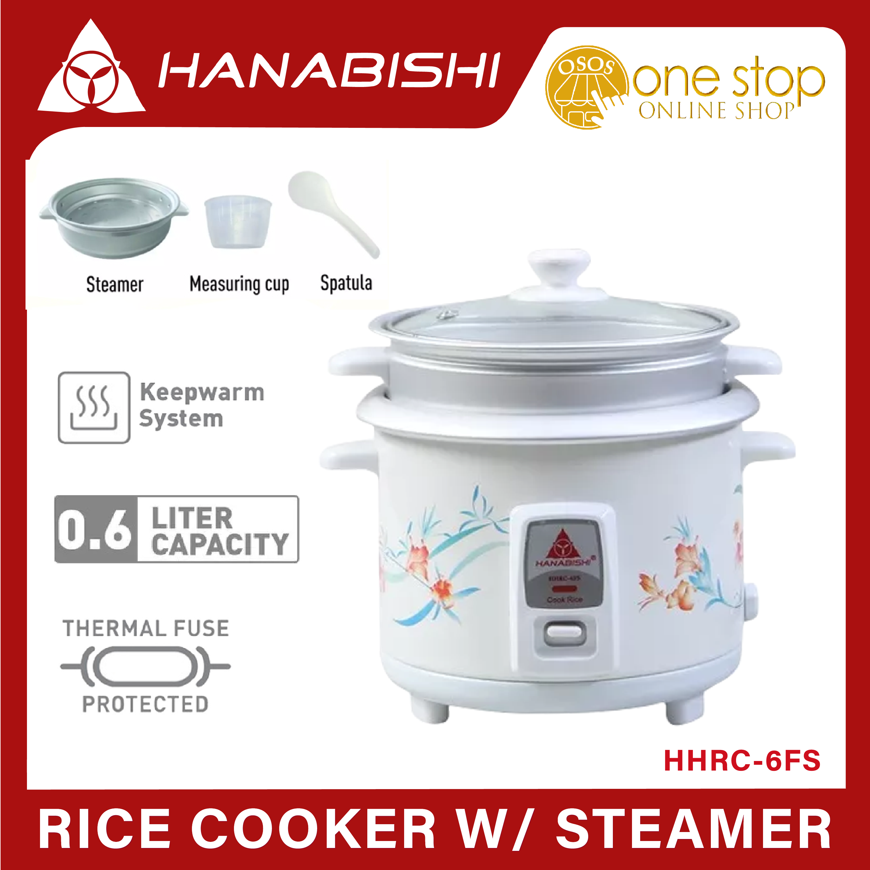 Hanabishi Original Rice Cooker 0.6L serves 3 persons Glass Cover Non ...