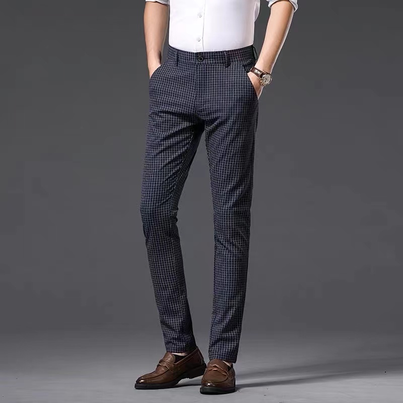 Men's Plaid Suit Pants Korean Slacks Straight Ankle Pants Formal Attire ...